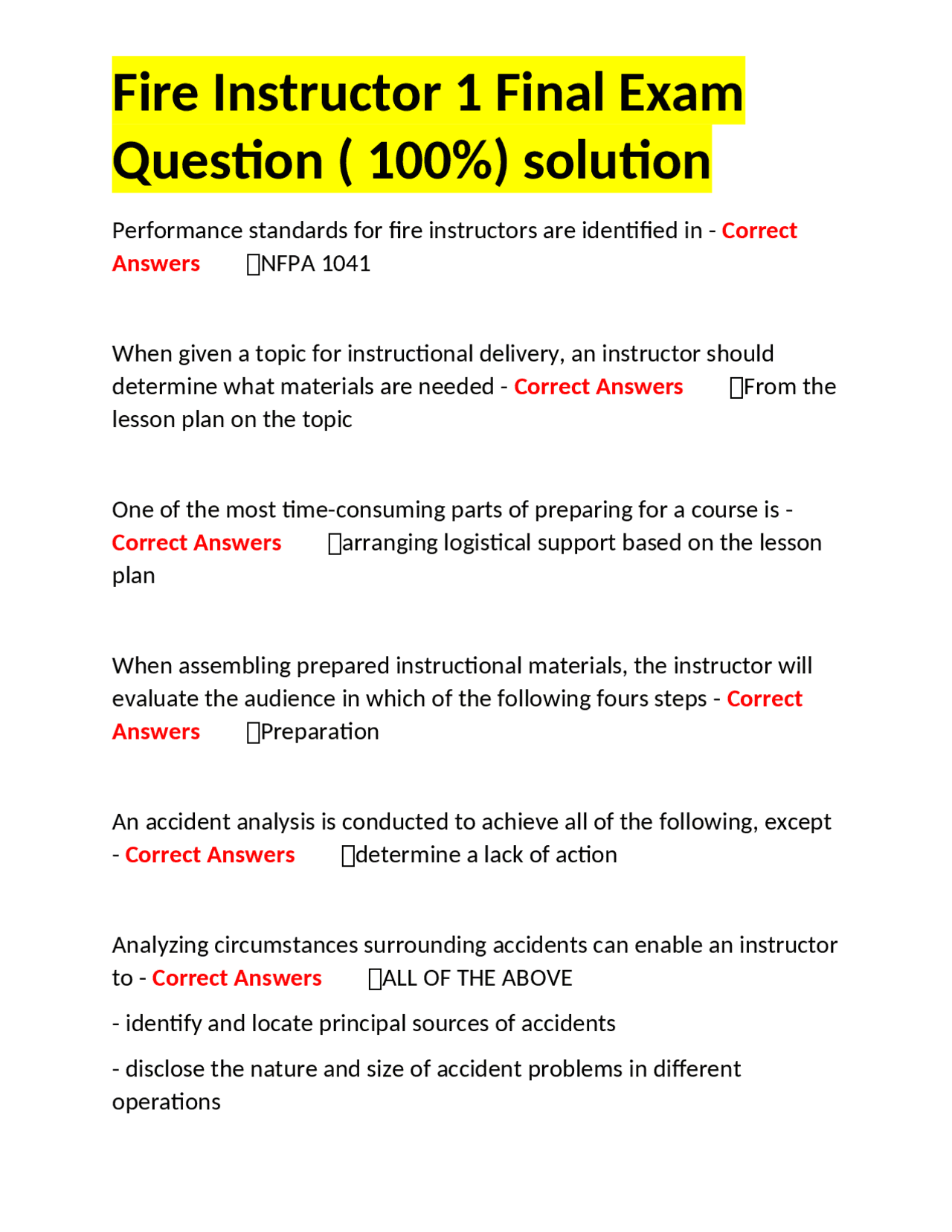 Fire Instructor 1 Final Exam Question ( 100%) solution | Exams Nursing ...