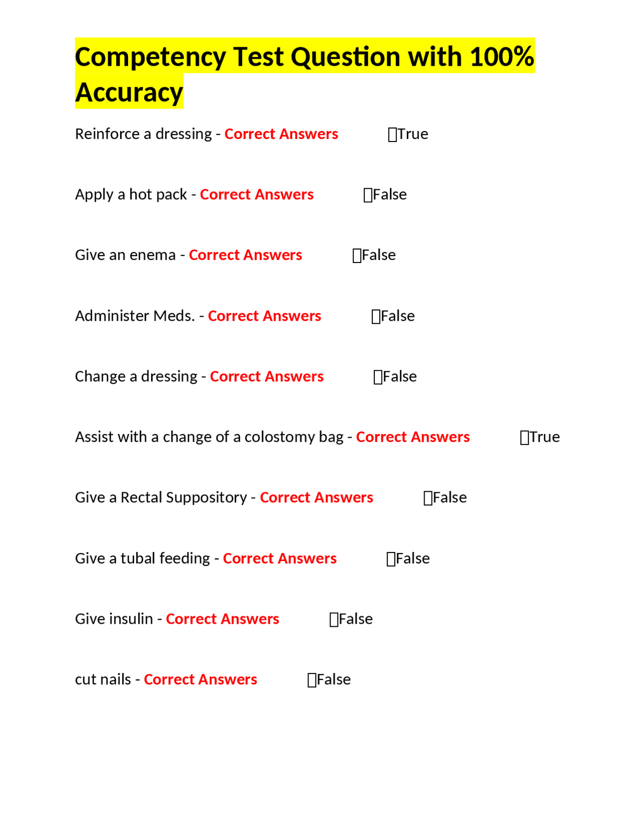 Competency Test Question with 100% Accuracy | Exams Nursing | Docsity