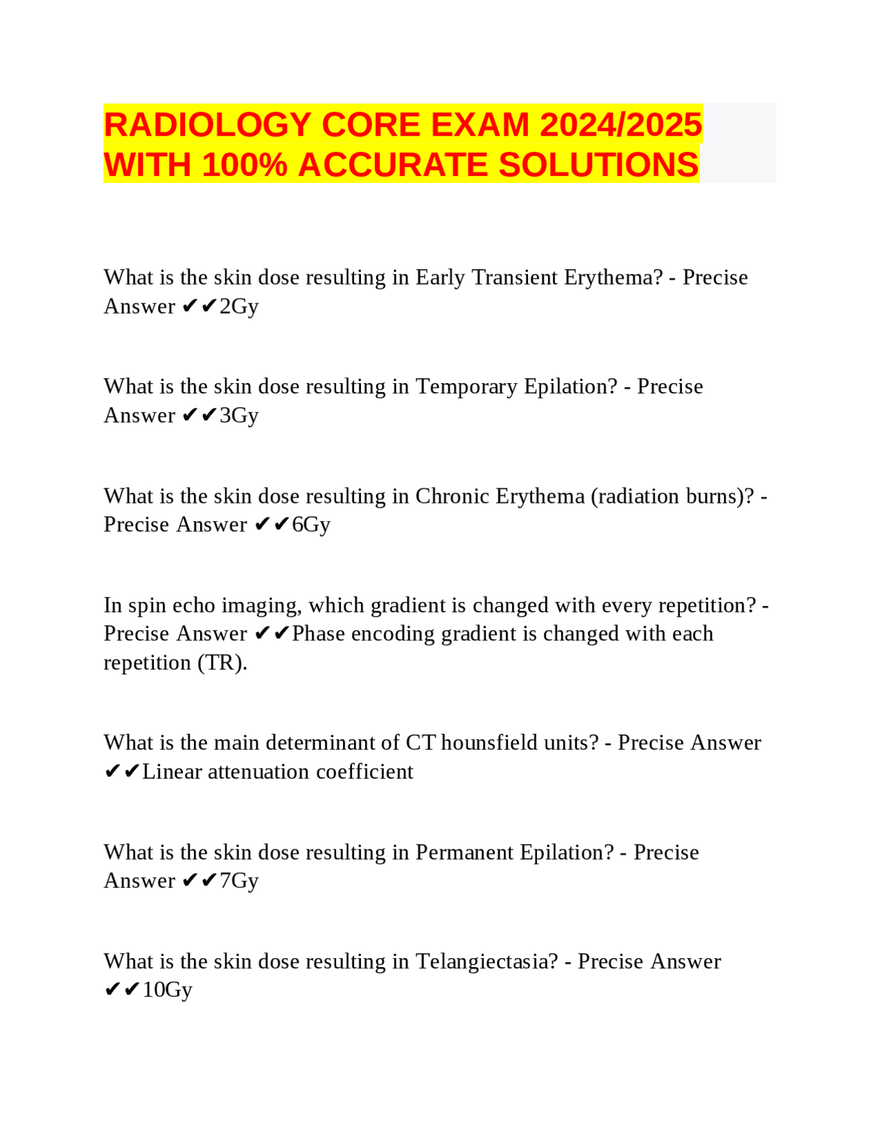 RADIOLOGY CORE EXAM 2024/2025 WITH 100% ACCURATE SOLUTIONS | Exams ...