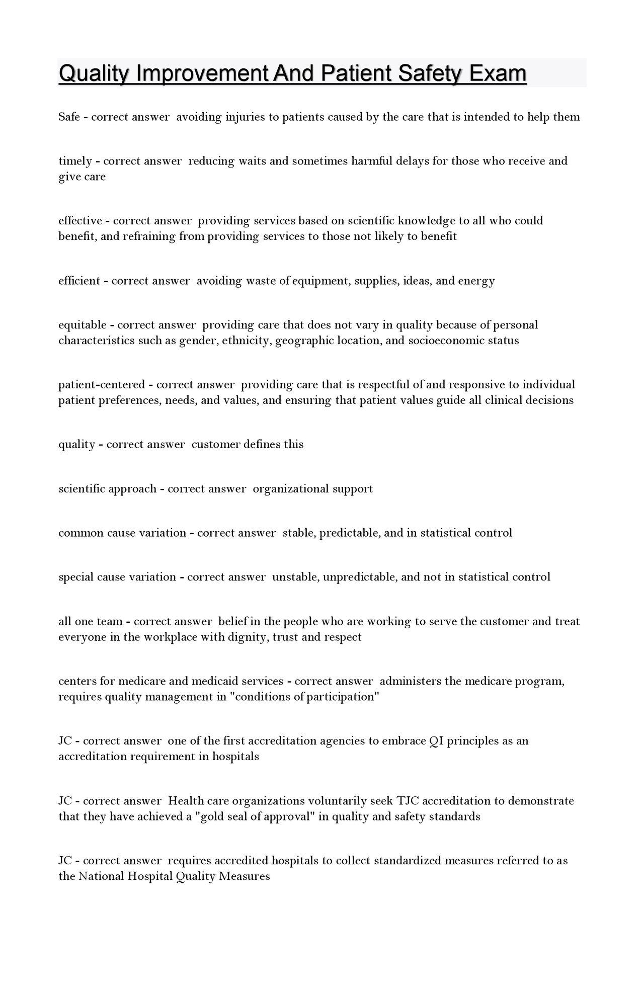 Quality Improvement And Patient Safety Exam 2024/2025 Detailed ...