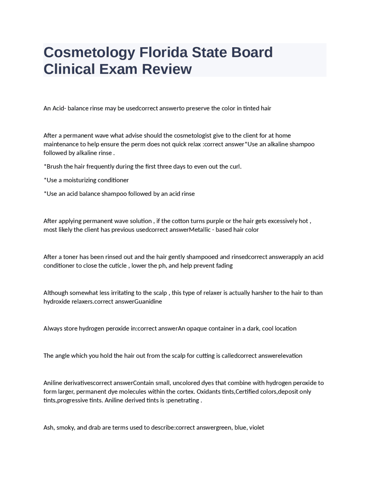 Cosmetology Florida State Board Clinical Exam Review questions with ...