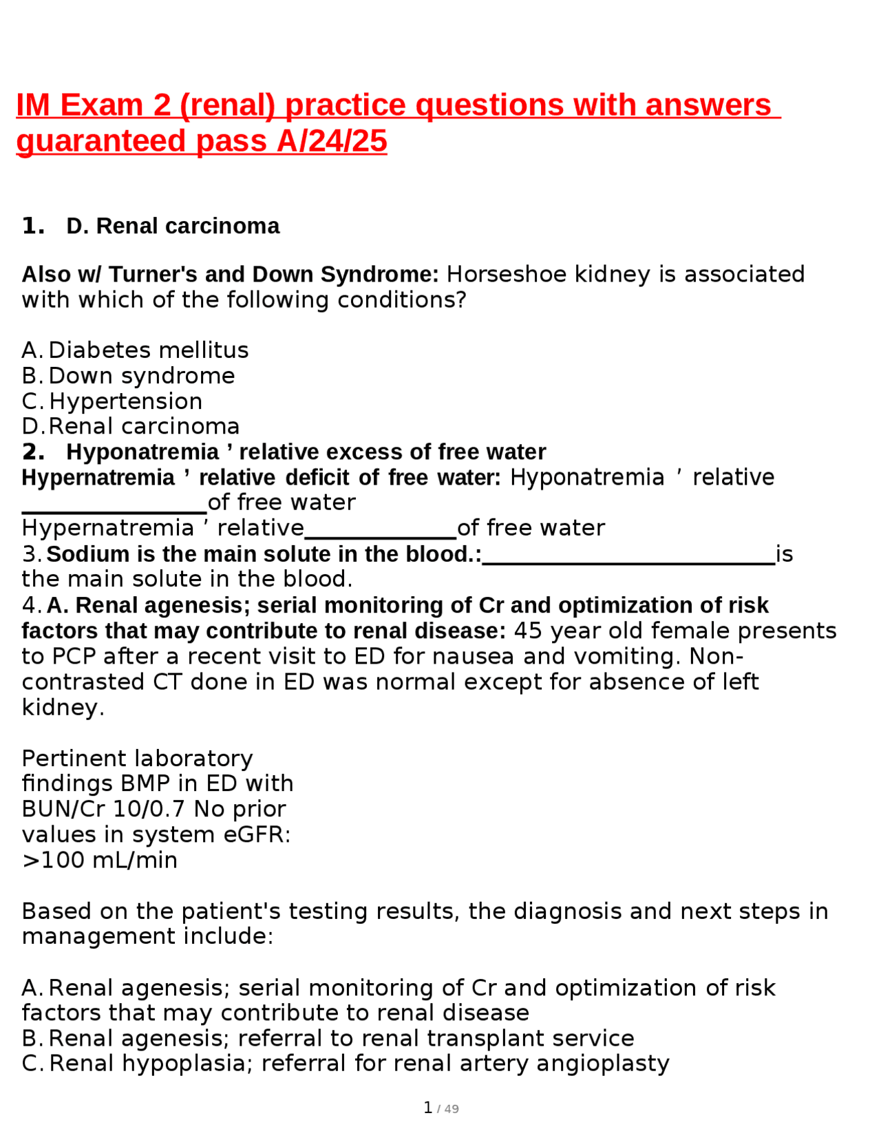 IM Exam 2 (renal) practice questions with answers guaranteed pass A/24/ ...