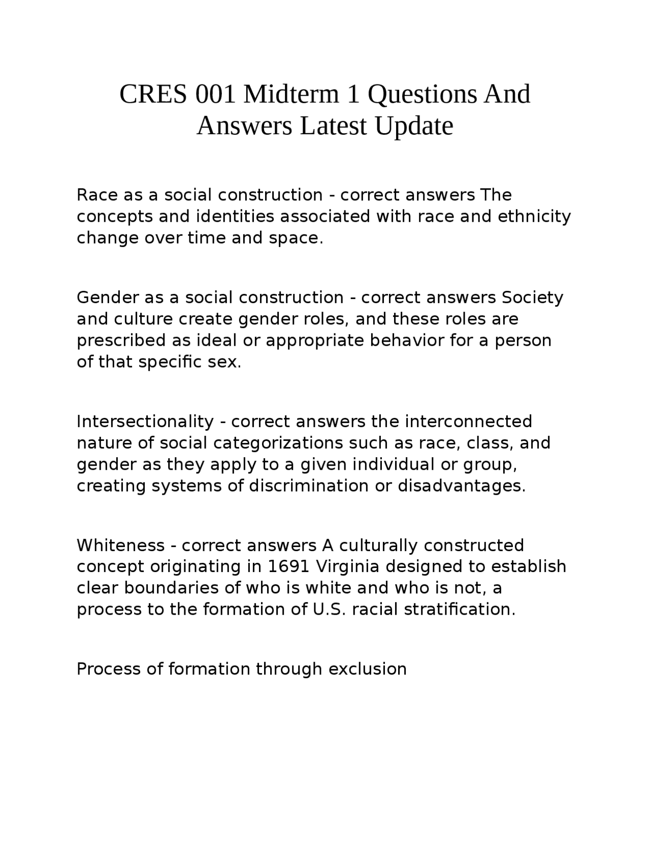 CRES 001 Midterm 1 Questions And Answers Latest Update | Exams ...