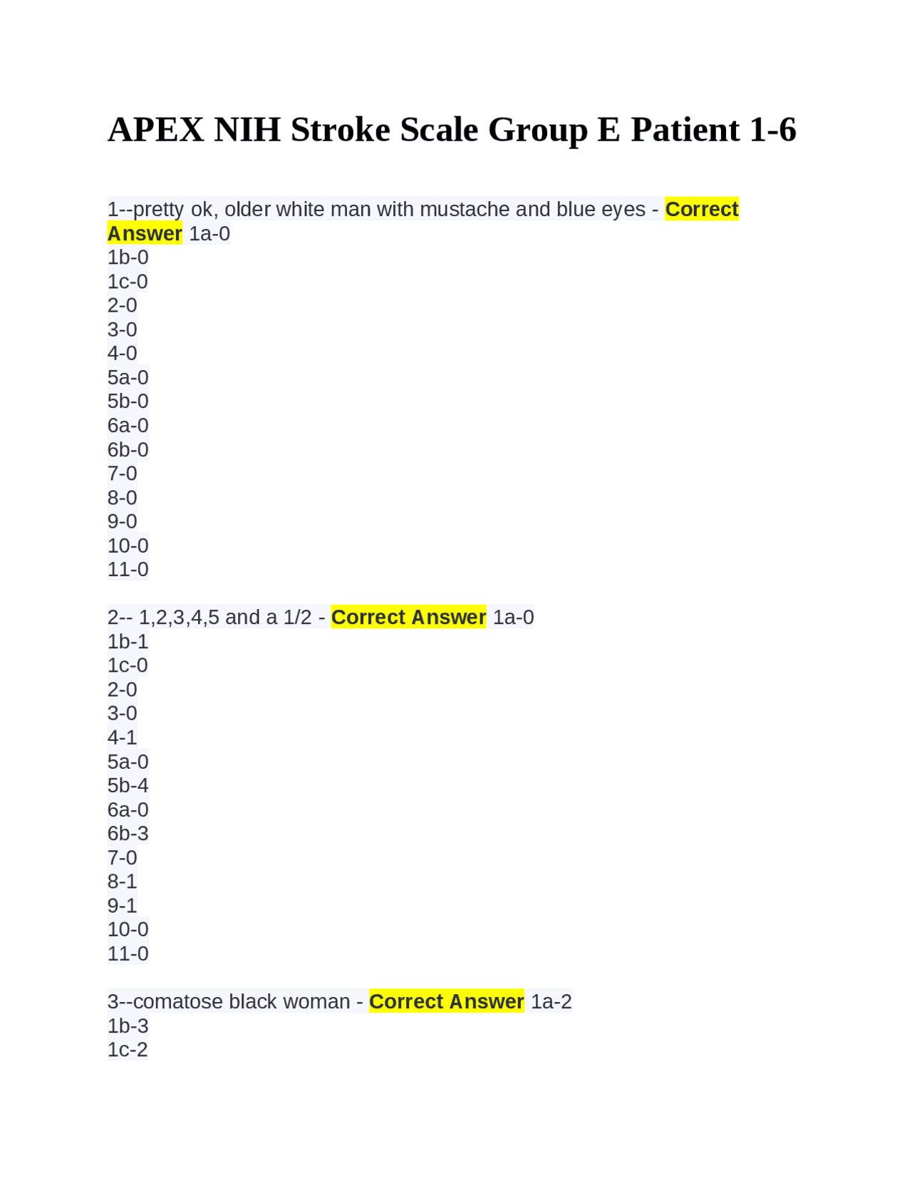 APEX NIH Stroke Scale Group F Patient 1-6 | Exams Medicine | Docsity