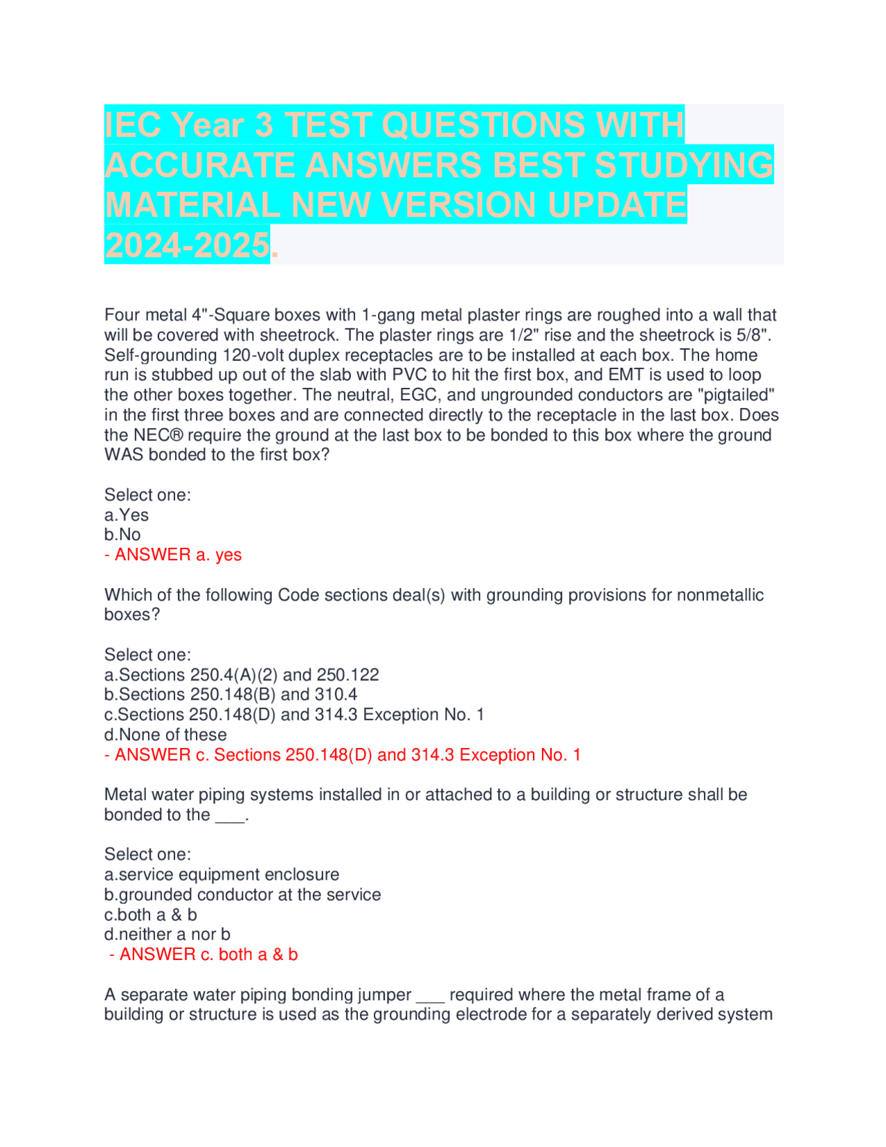 IEC Year 3 TEST QUESTIONS WITH ACCURATE ANSWERS BEST STUDYING MATERIAL ...