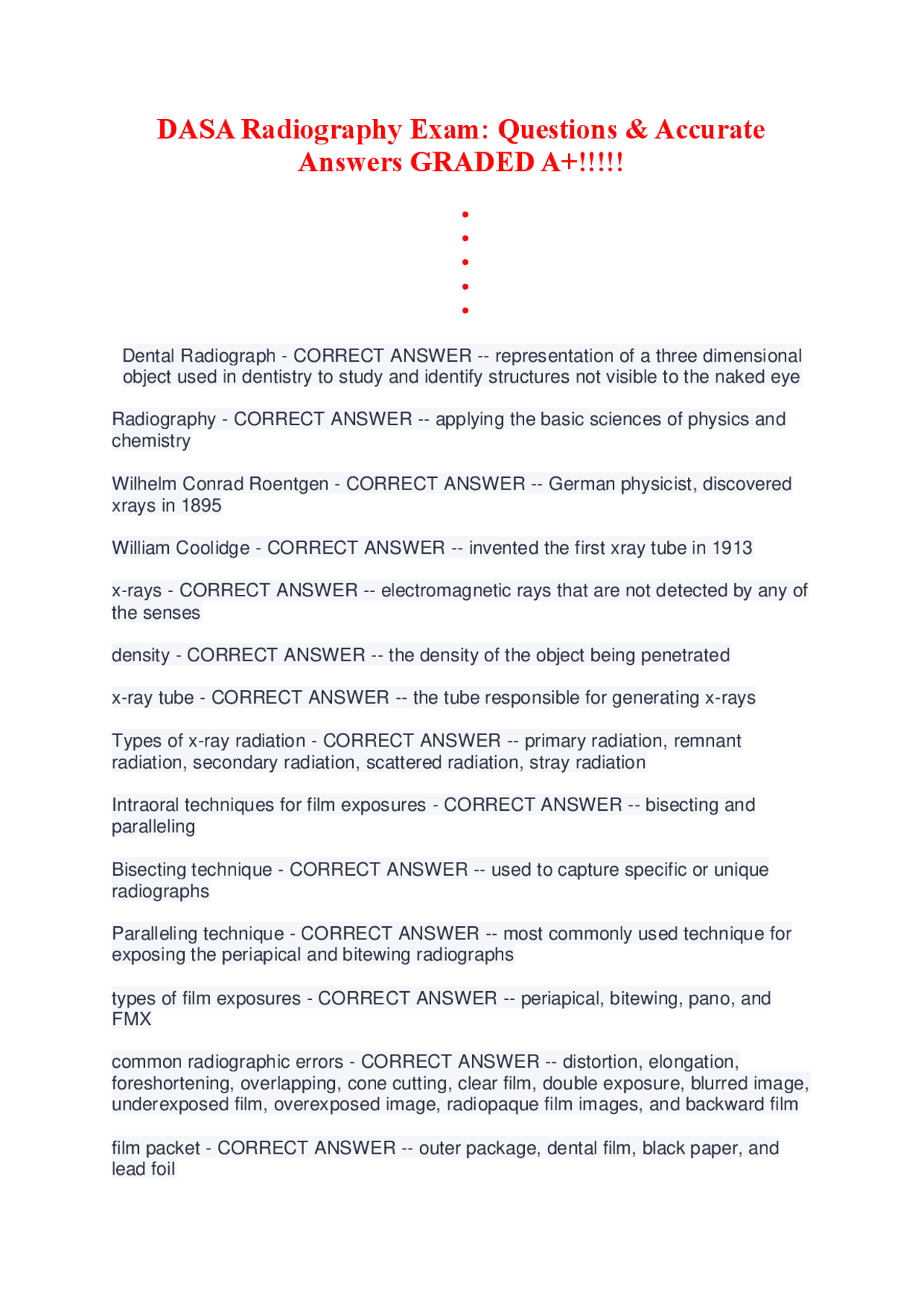 DASA Radiography Exam: Questions & Accurate Answers GRADED A+ ...