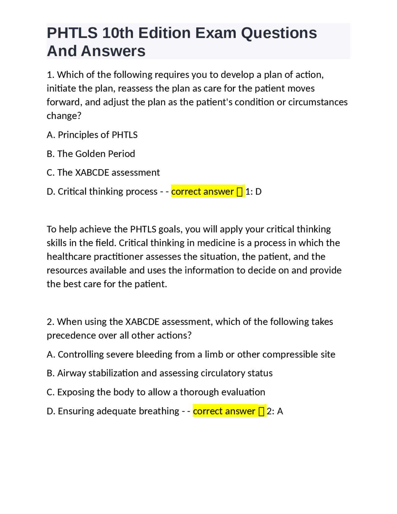 PHTLS 10th Edition Exam Questions And Answers | Exams Nursing | Docsity