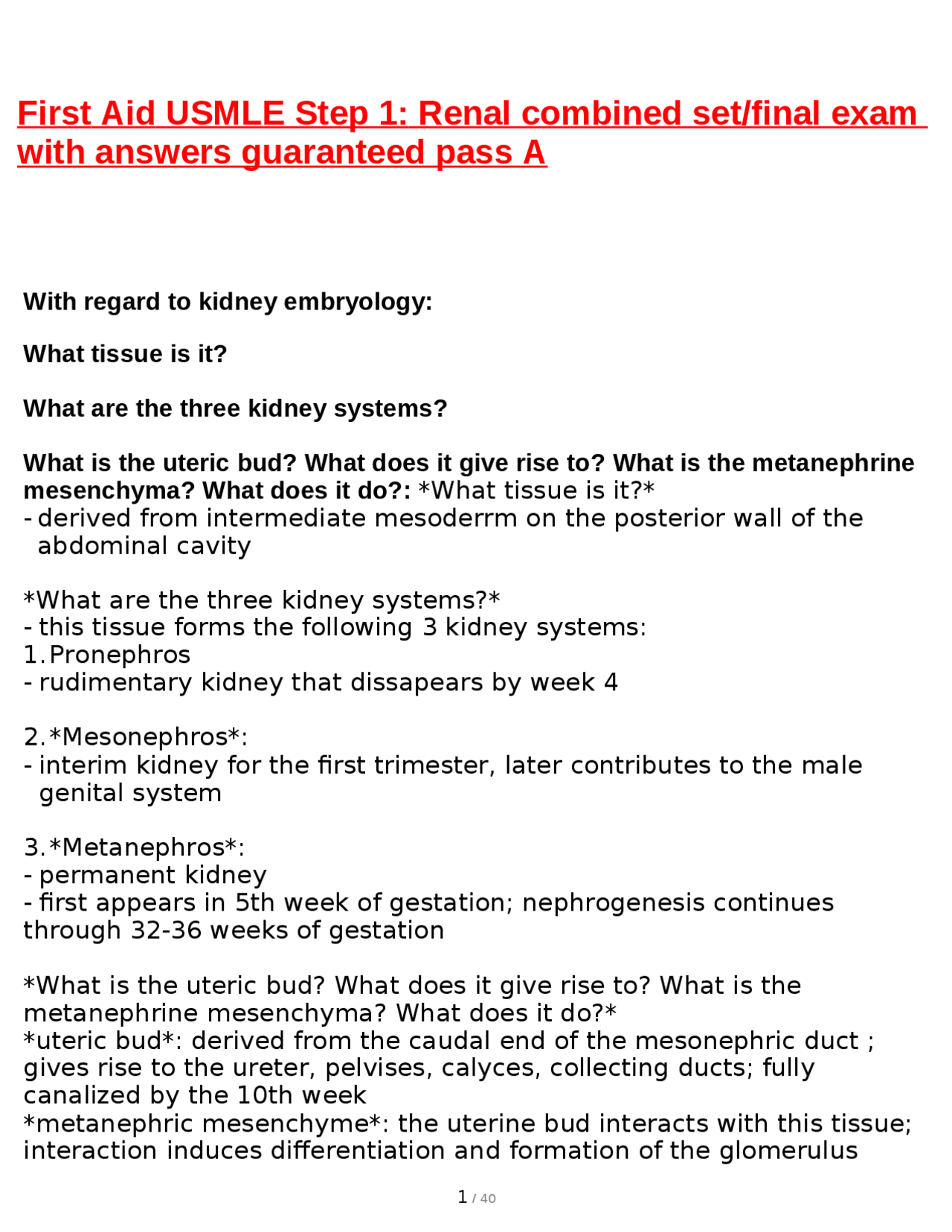 First Aid USMLE Step 1: Renal combined set/final exam with answers guaranteed pass A | Exams ...