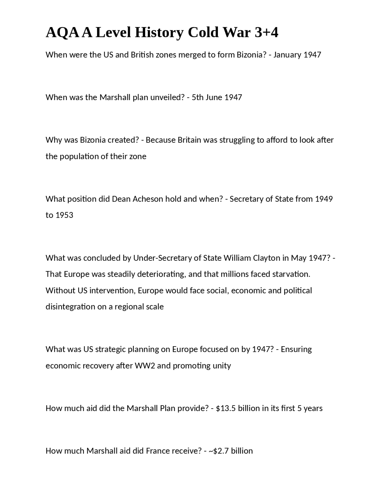AQA A Level History Cold War 3+4 | Exams Nursing | Docsity