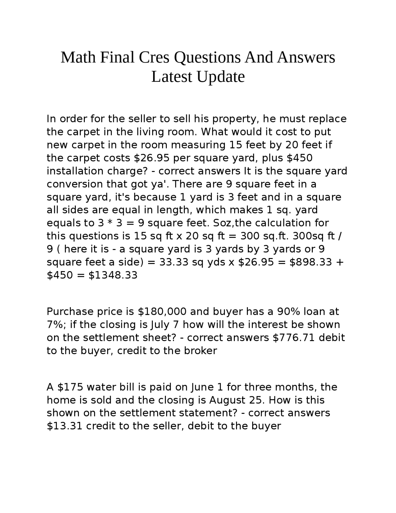 Math Final Cres Questions And Answers Latest Update | Exams Biomedical ...