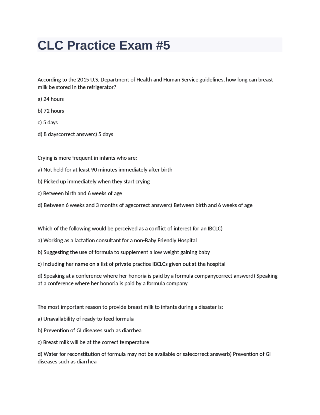 CLC Practice Exam with correct answers | Exams Nursing | Docsity