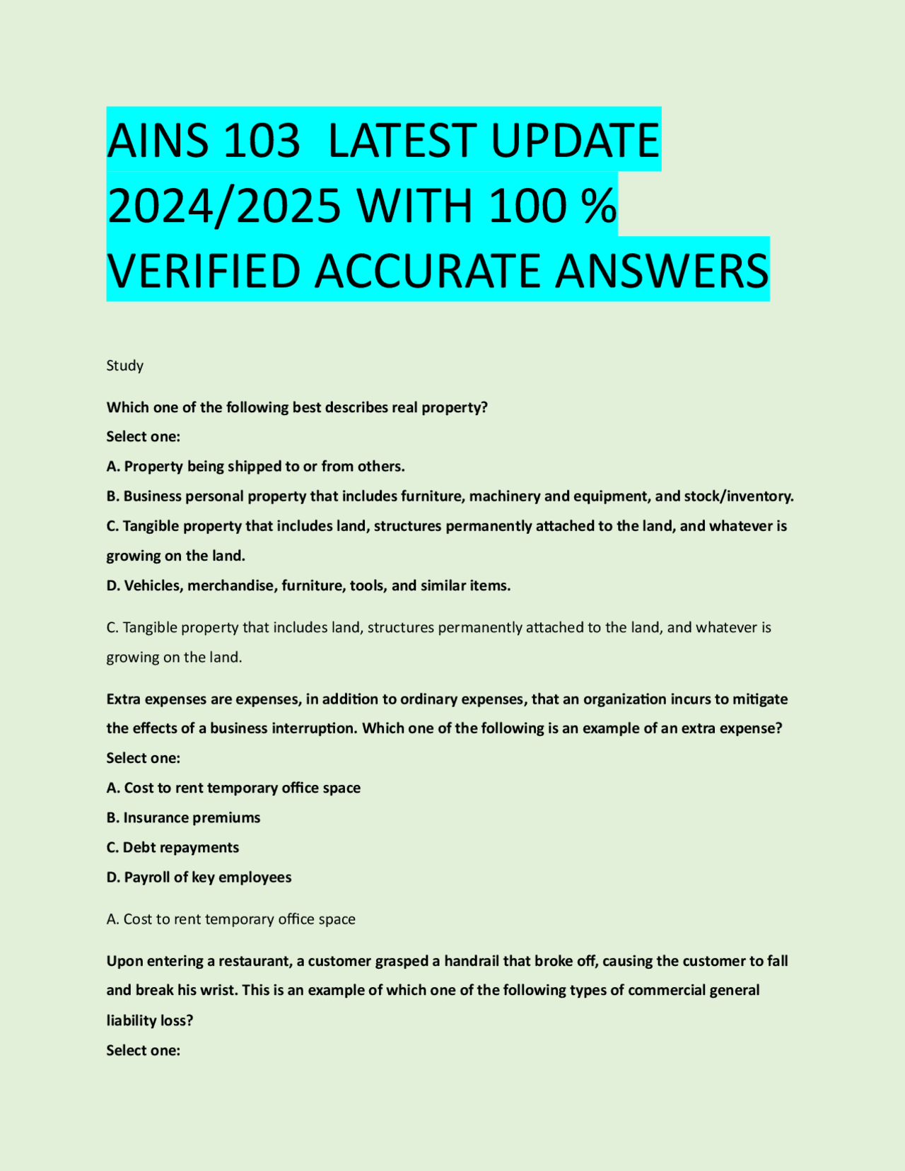 AINS 103 LATEST UPDATE 2024/2025 WITH 100 % VERIFIED ACCURATE ANSWERS ...