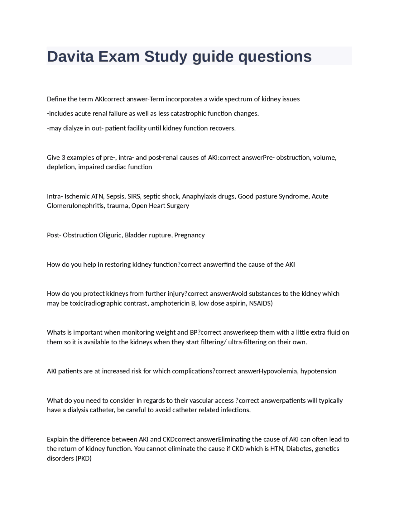 Davita Exam Study guide questions with correct answers | Exams Nursing ...