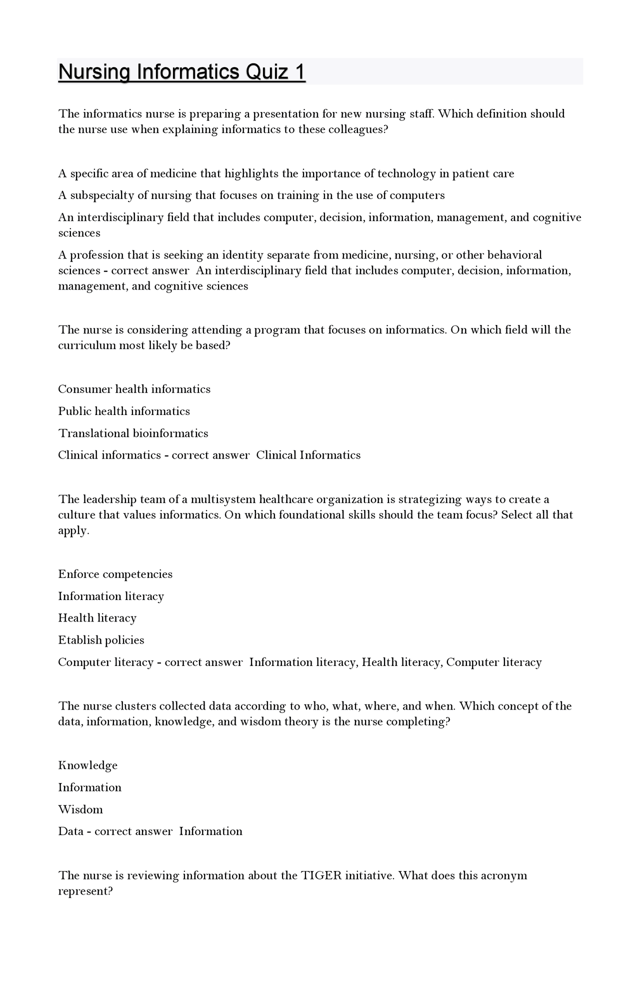 Nursing Informatics Quiz 1 2024/2025 Detailed Questions And Expert ...