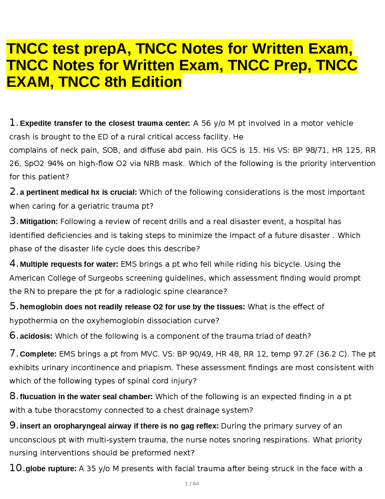 TNCC test prepA, TNCC Notes for Written Exam, TNCC Notes for Written ...