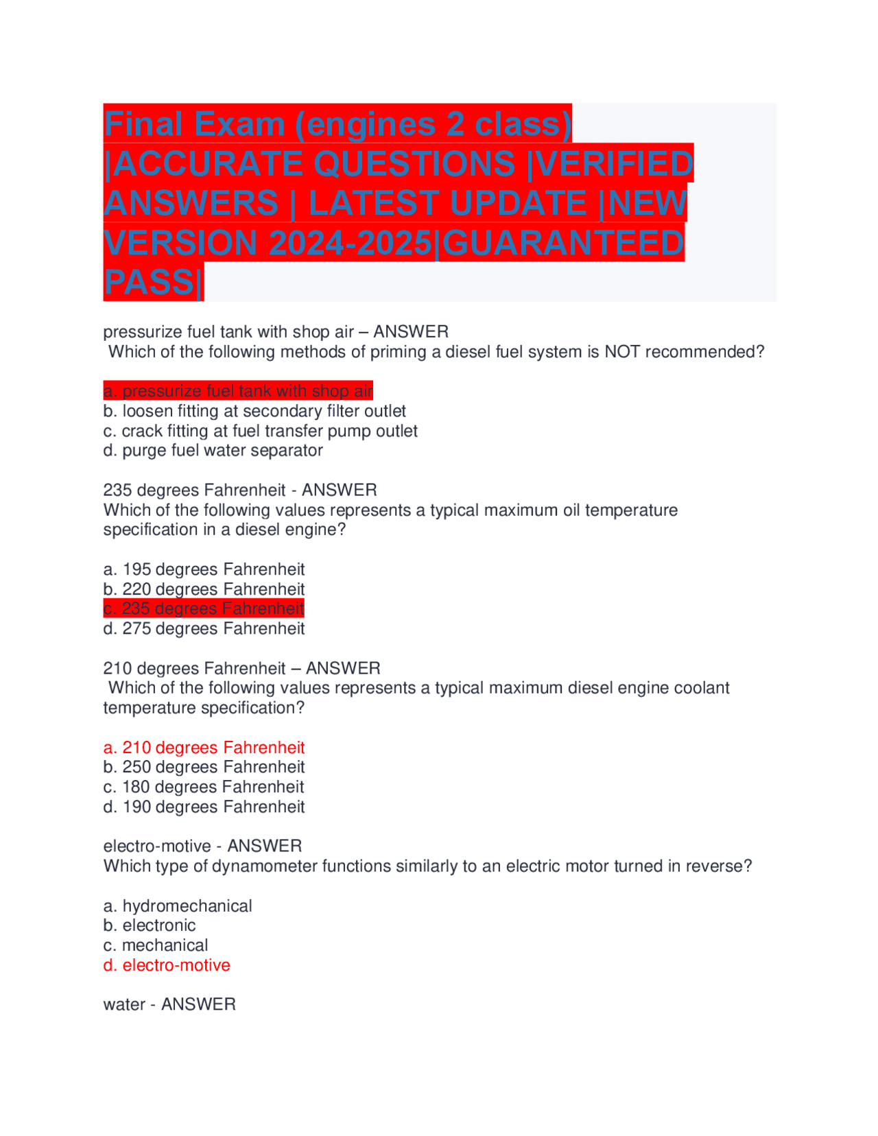 (engines 2 class) |ACCURATE QUESTIONS |VERIFIED ANSWERS | LATEST UPDATE ...