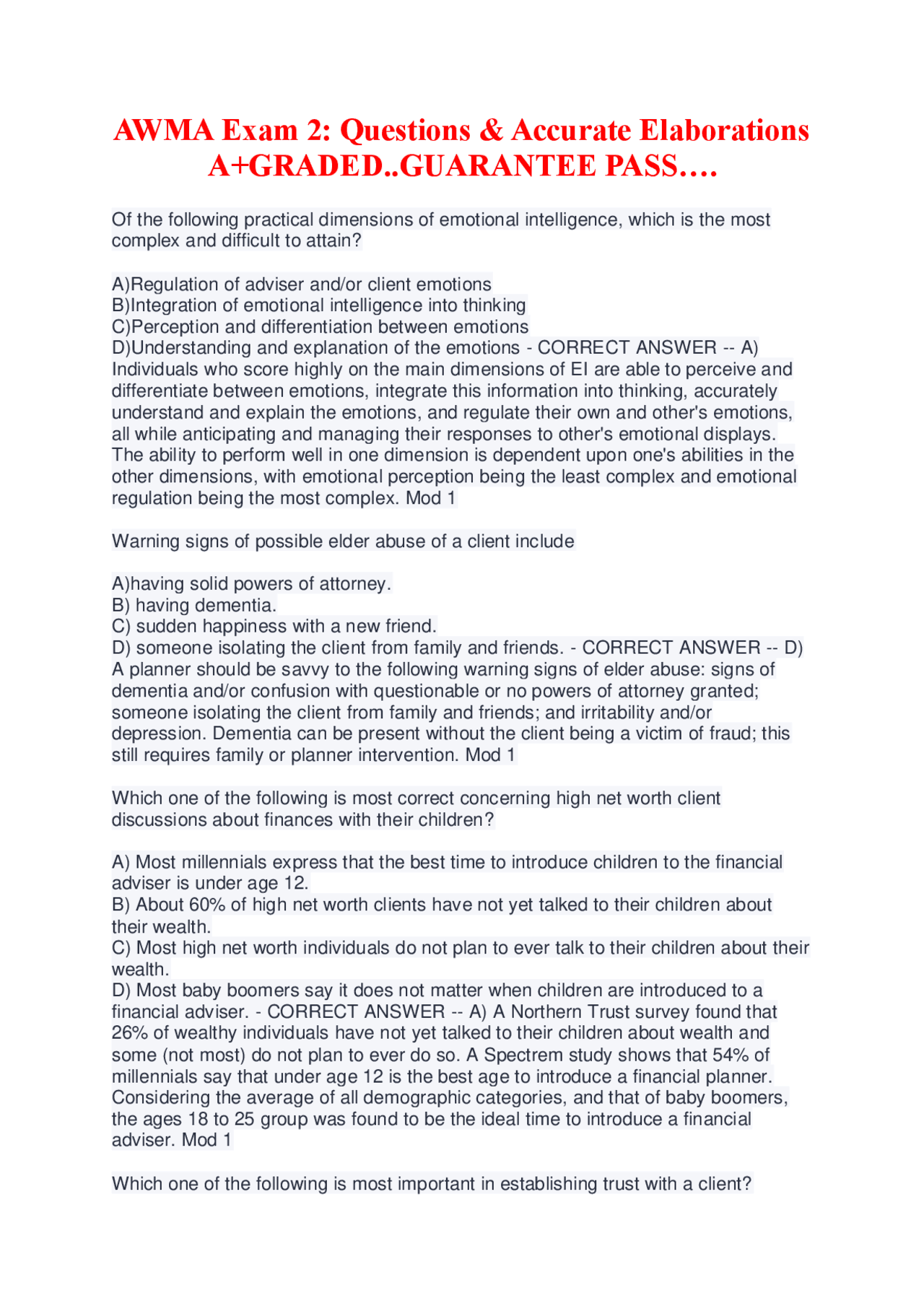 AWMA Exam 2: Questions & Accurate Elaborations A+GRADED..GUARANTEE PASS ...