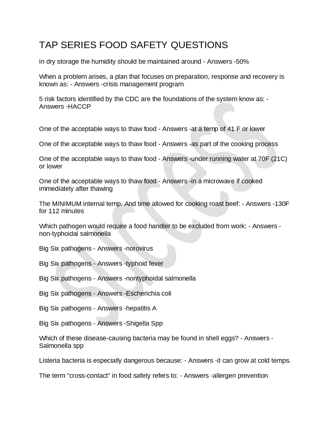 TAP SERIES FOOD SAFETY QUESTIONS | Exams Hospitality and Tourism | Docsity