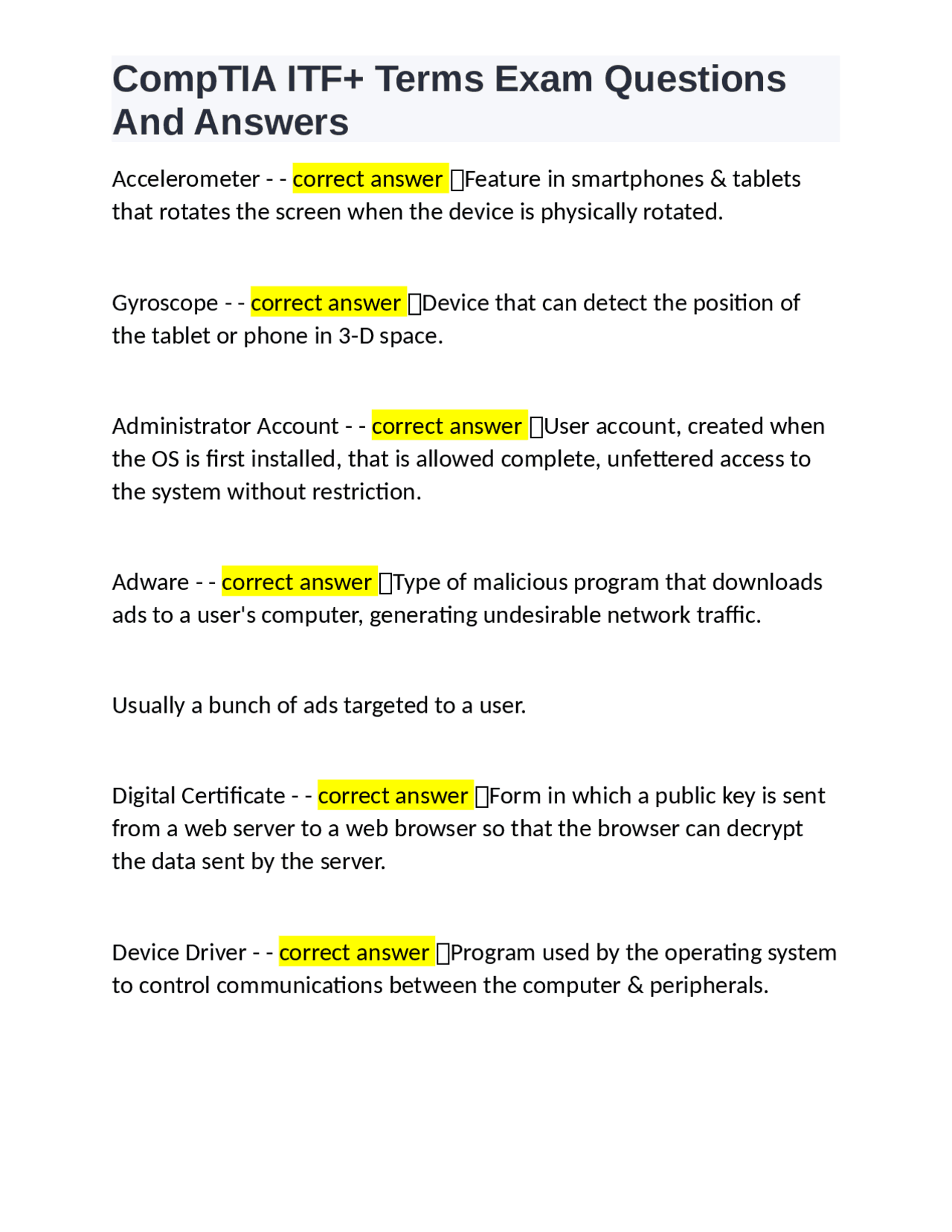 CompTIA ITF+ Terms Exam Questions And Answers | Exams Computer Science | Docsity