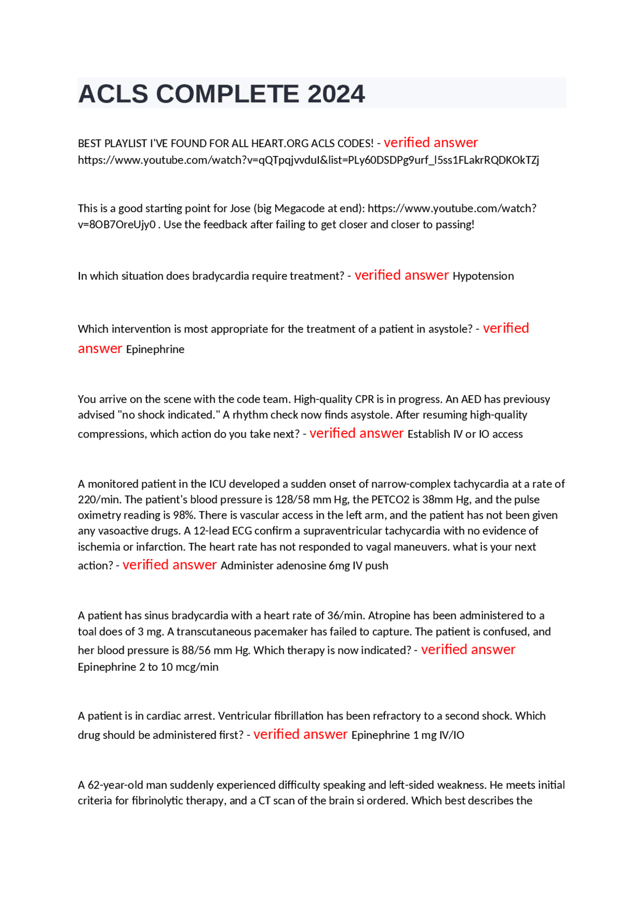 ACLS COMPLETE 2024 EXAM | Exams Medicine | Docsity