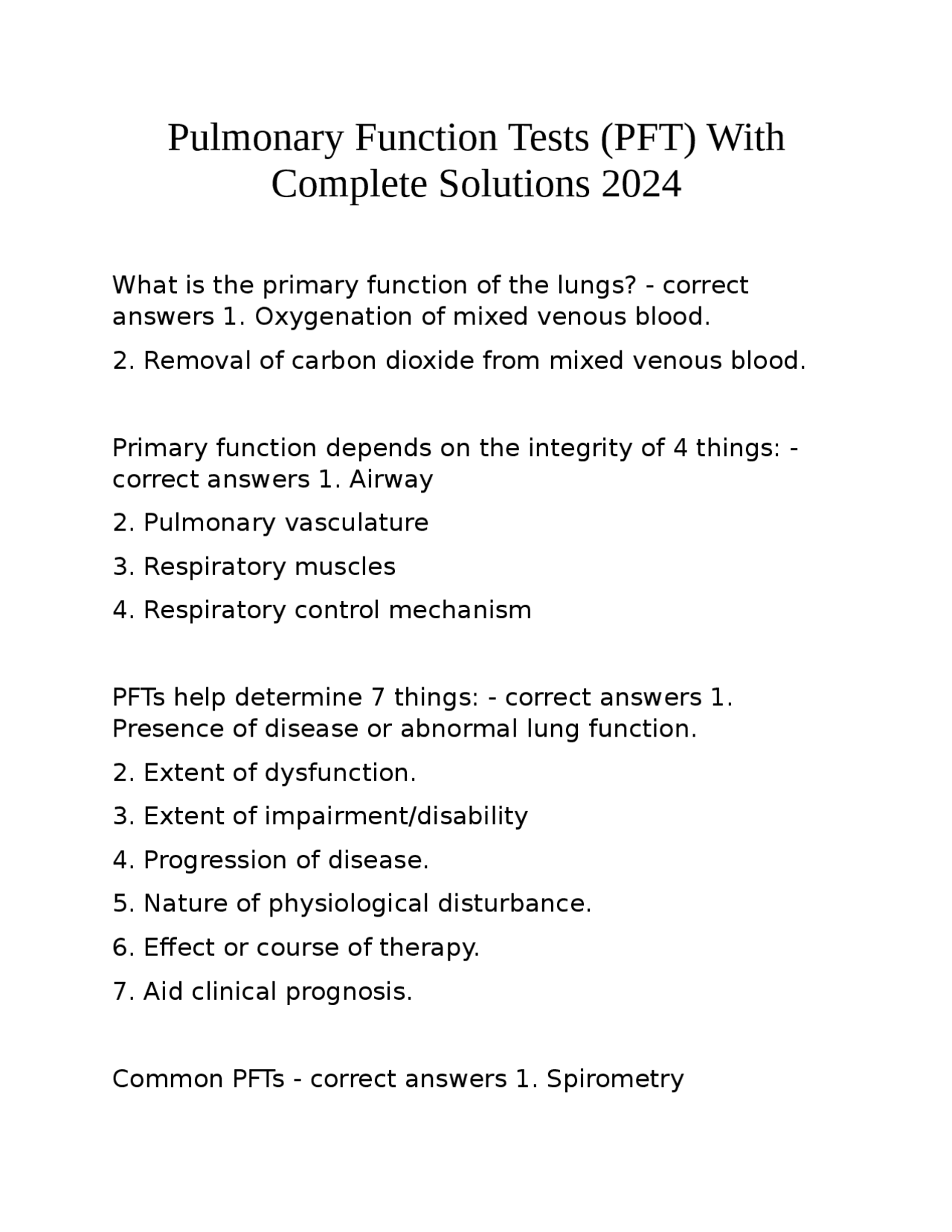 Pulmonary Function Tests (PFT) With Complete Solutions 2024 | Exams ...