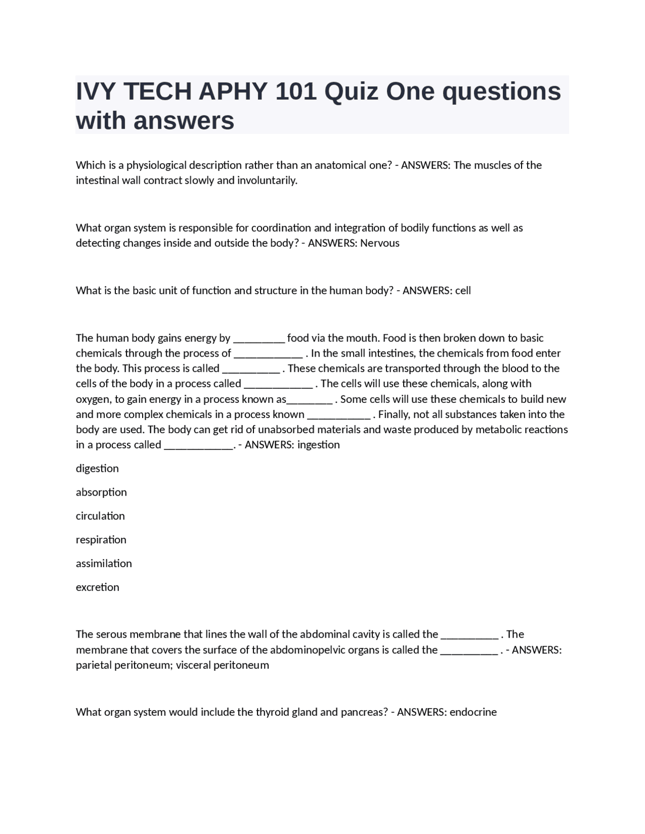 IVY TECH APHY 101 Quiz One questions with answers | Exams Nursing | Docsity