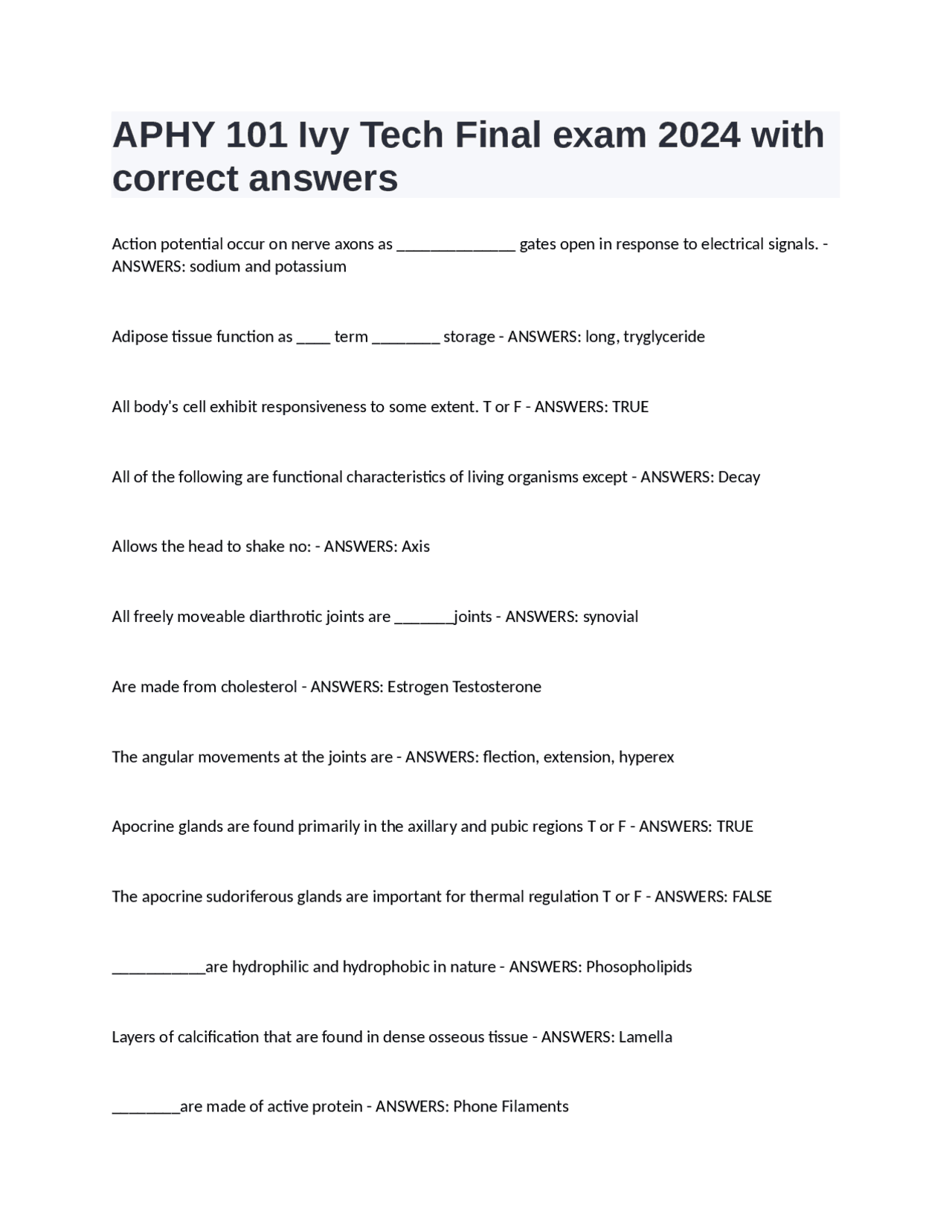 APHY 101 Ivy Tech Final exam 2024 with correct answers. | Exams Nursing ...