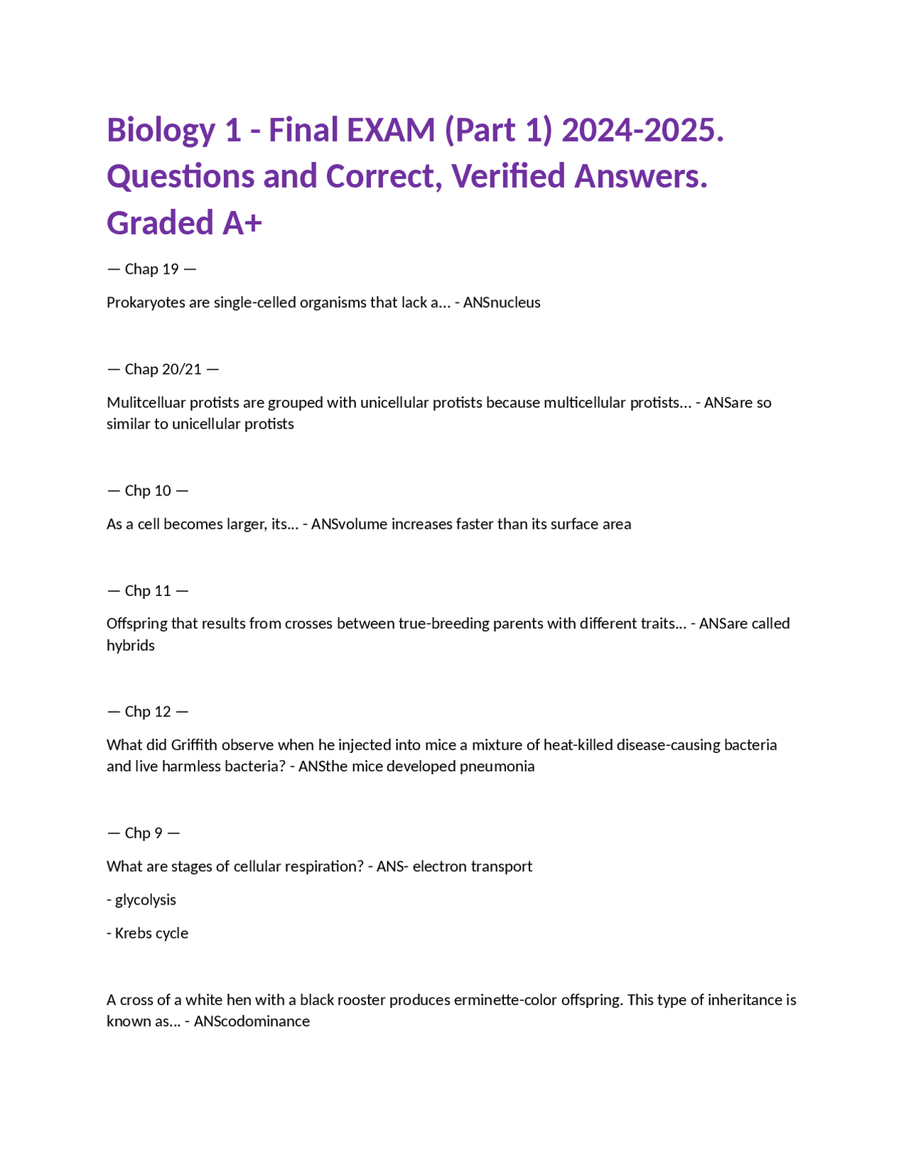 Biology 1 - Final EXAM (Part 1) 2024-2025. Questions & Correct ...