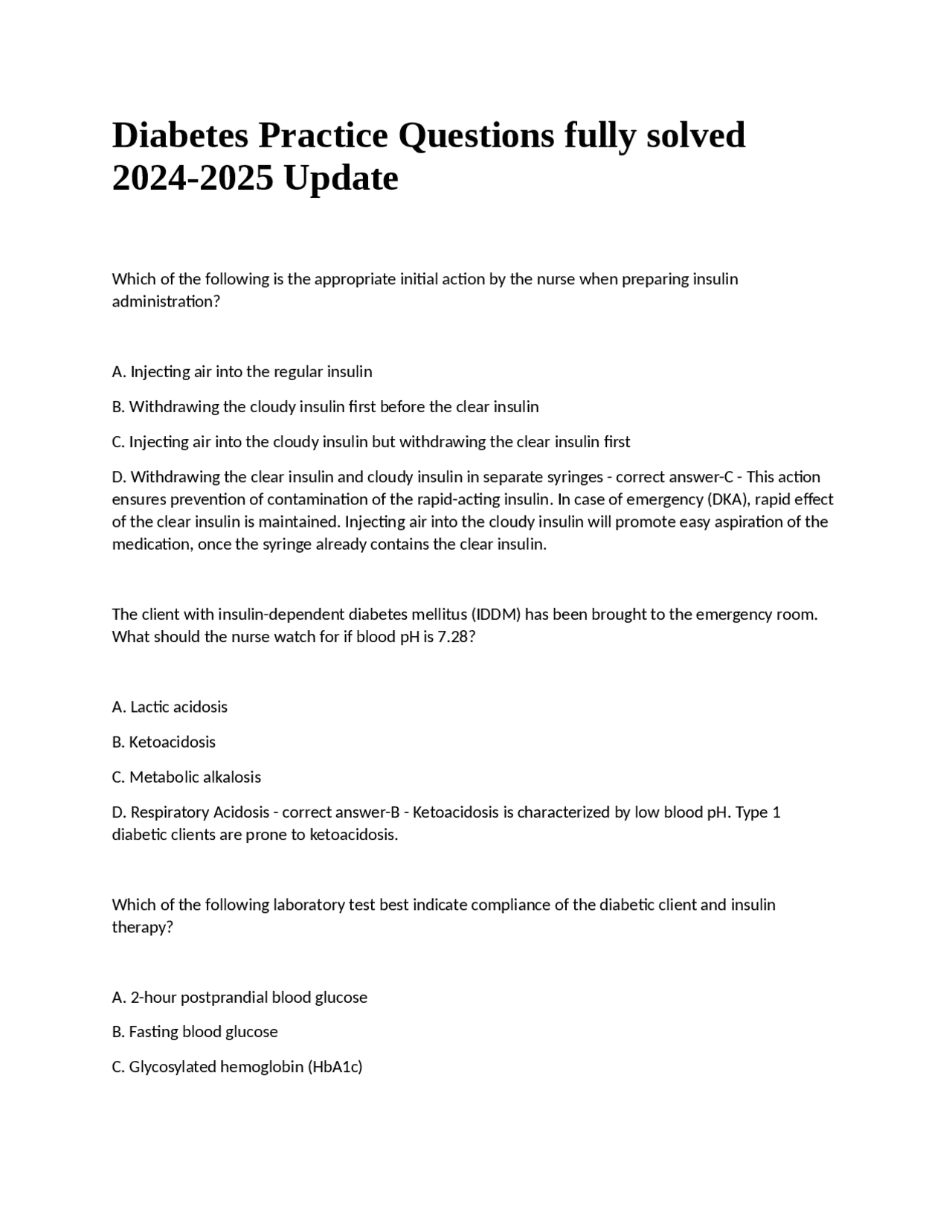 Diabetes Practice Questions fully solved 2024-2025 Update. | Exams ...