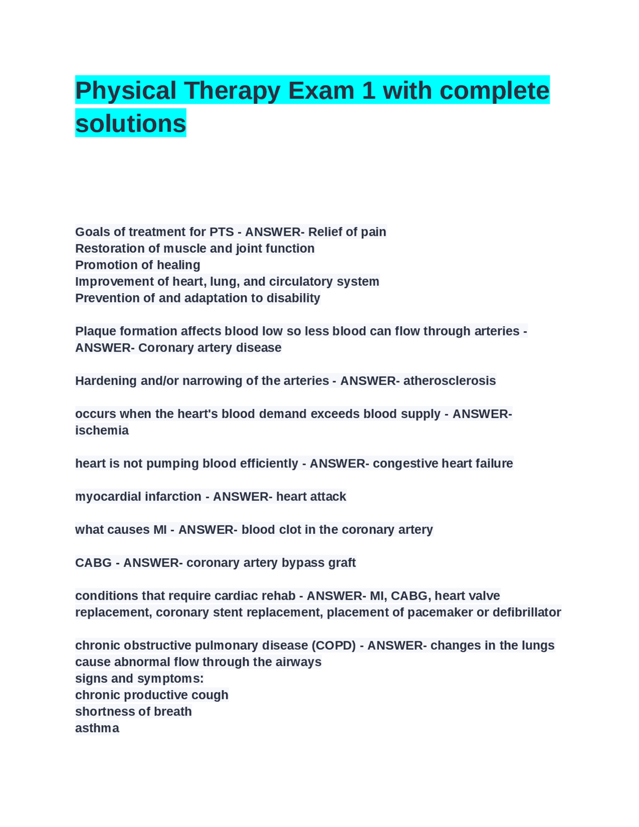 Physical Therapy Exam 1 with complete solutions | Exams Physical ...