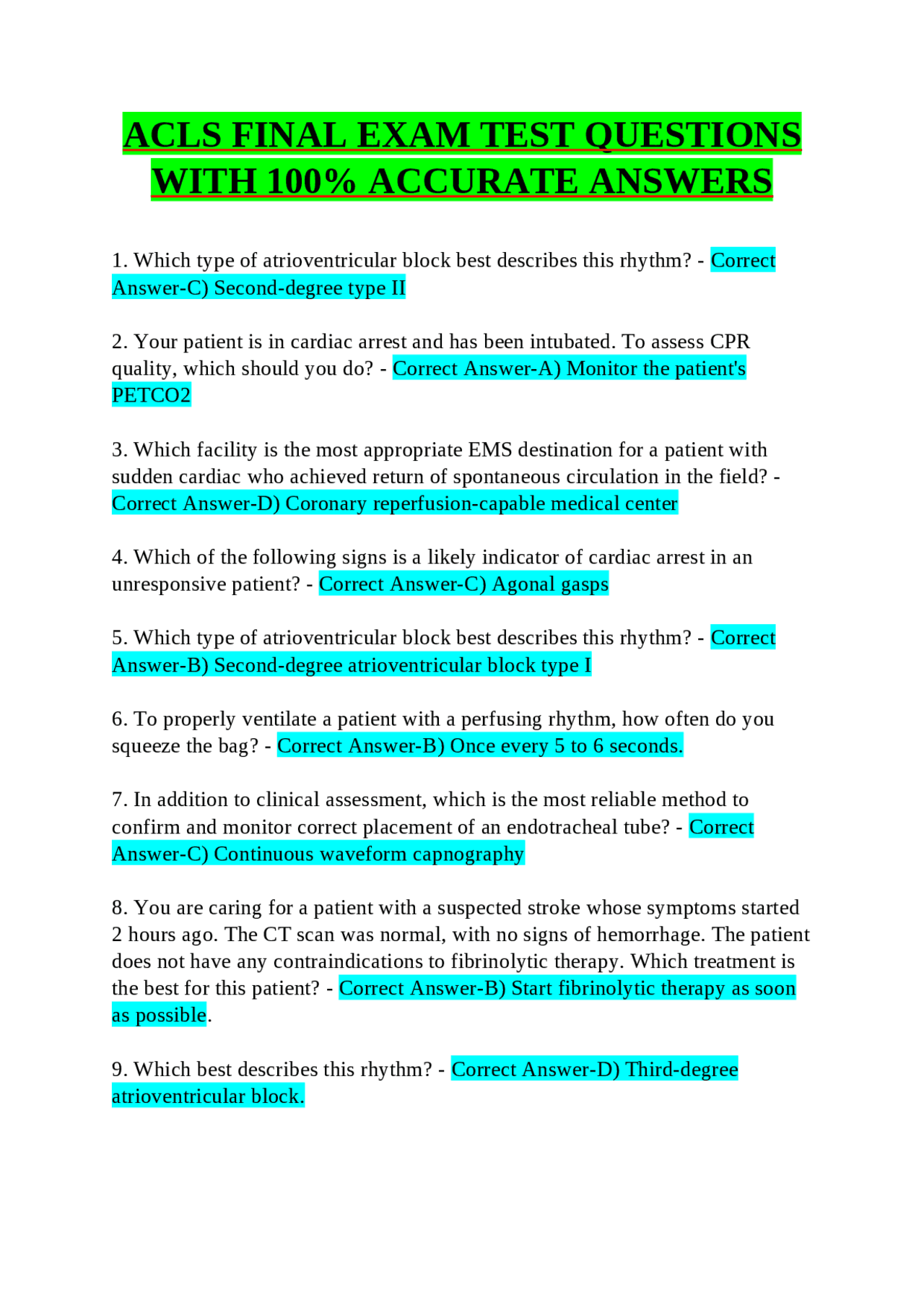 ACLS FINAL EXAM TEST QUESTIONS WITH 100% ACCURATE ANSWERS | Exams ...