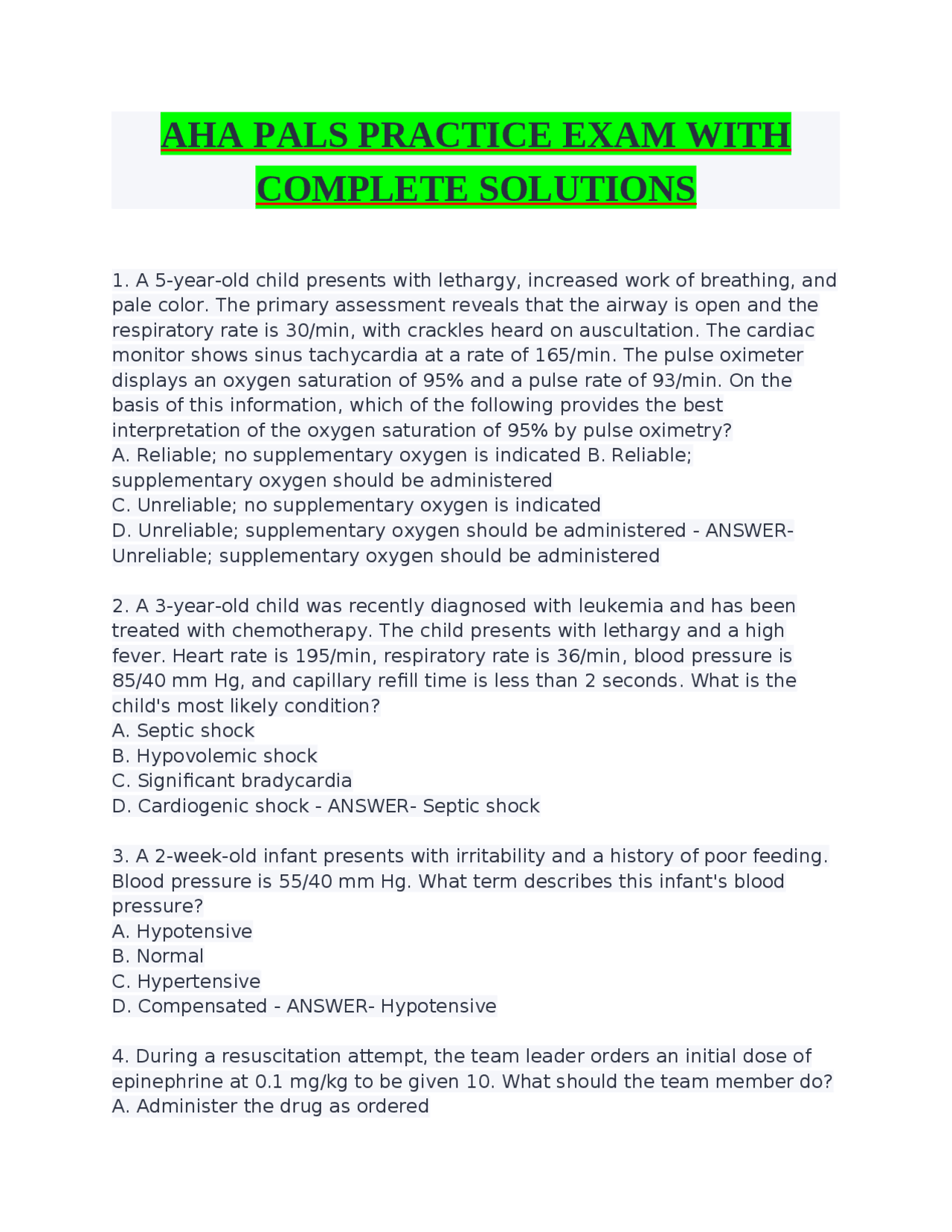 AHA PALS PRACTICE EXAM WITH COMPLETE SOLUTIONS | Exams Nursing | Docsity
