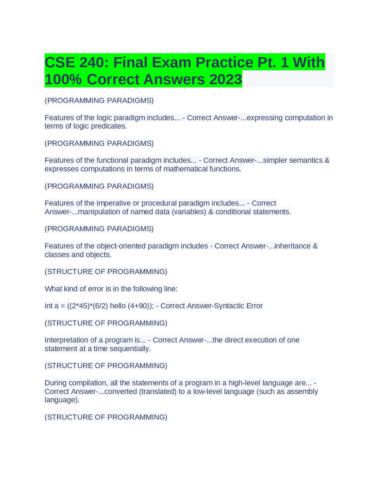 CSE 240: Final Exam Practice Pt. 1 With 100% Correct Answers 2023 | Exams Advanced Education ...