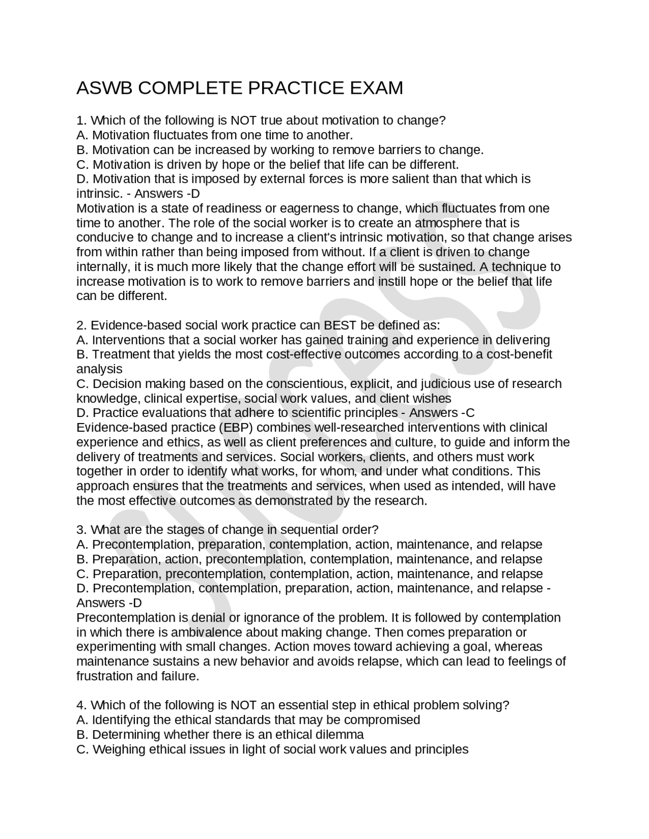 ASWB COMPLETE PRACTICE EXAM | Exams Social Work | Docsity