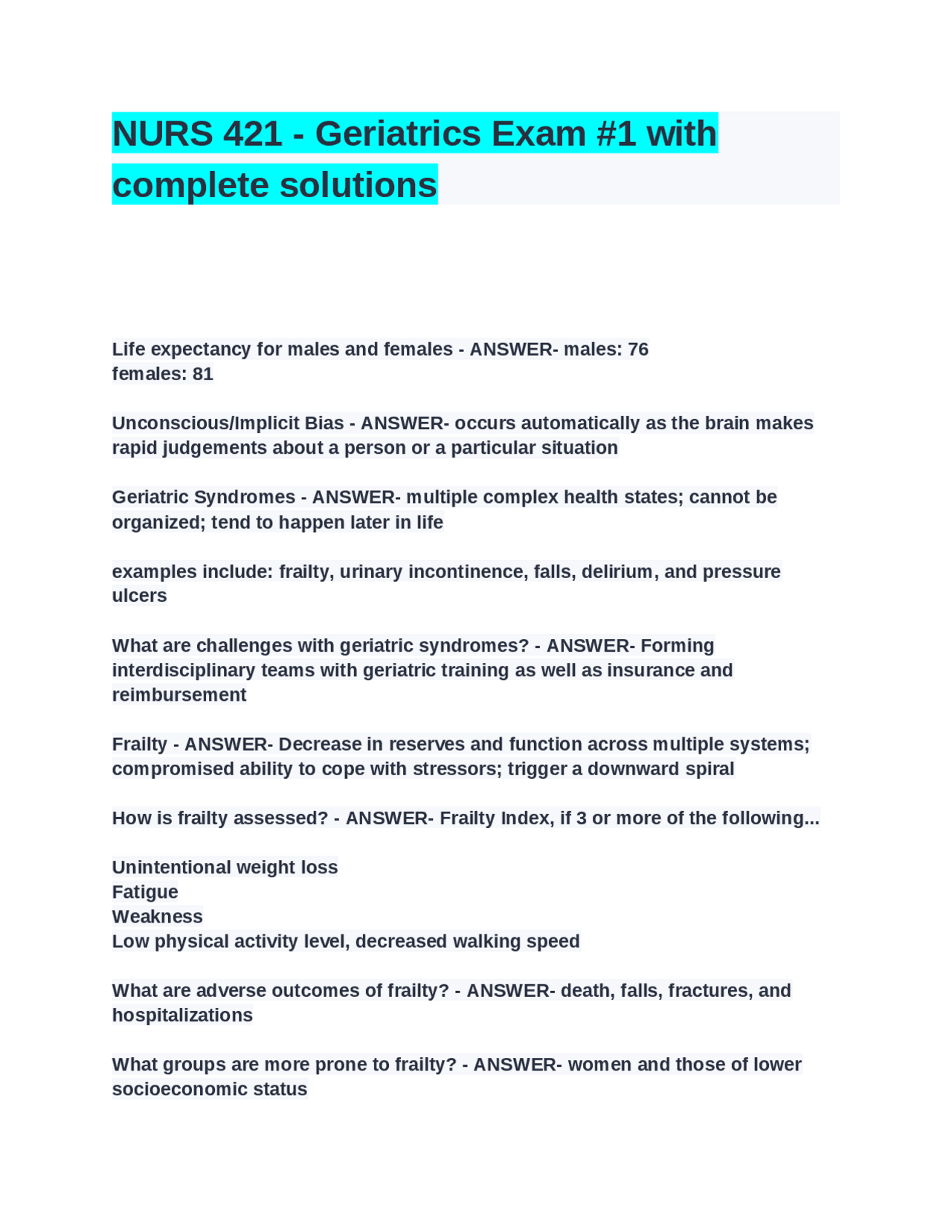 NURS 421 - Geriatrics Exam #1 with complete solutions | Exams Nursing ...
