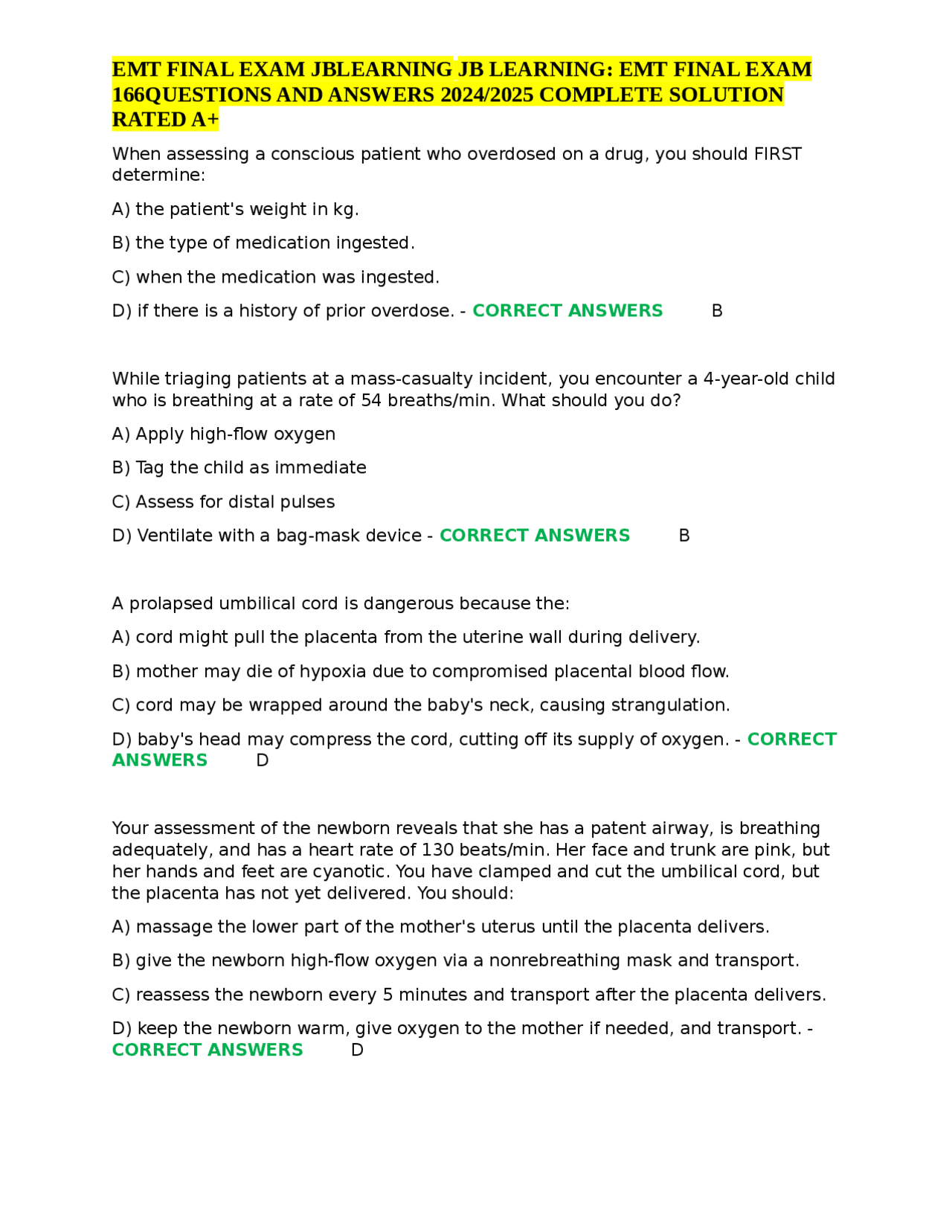 EMT FINAL EXAM JBLEARNING JB LEARNING: EMT FINAL EXAM 166QUESTIONS AND ANSWERS 2024/2025 C ...