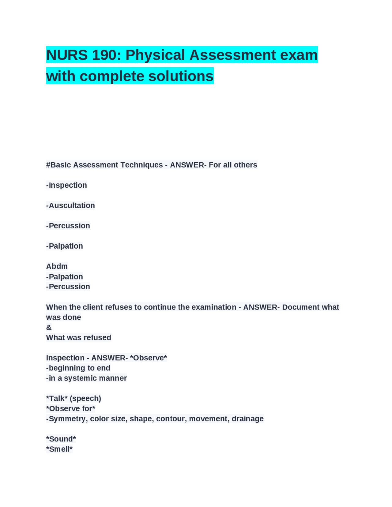 NURS 190_ Physical Assessment exam with complete solutions.docx | Exams Nursing | Docsity