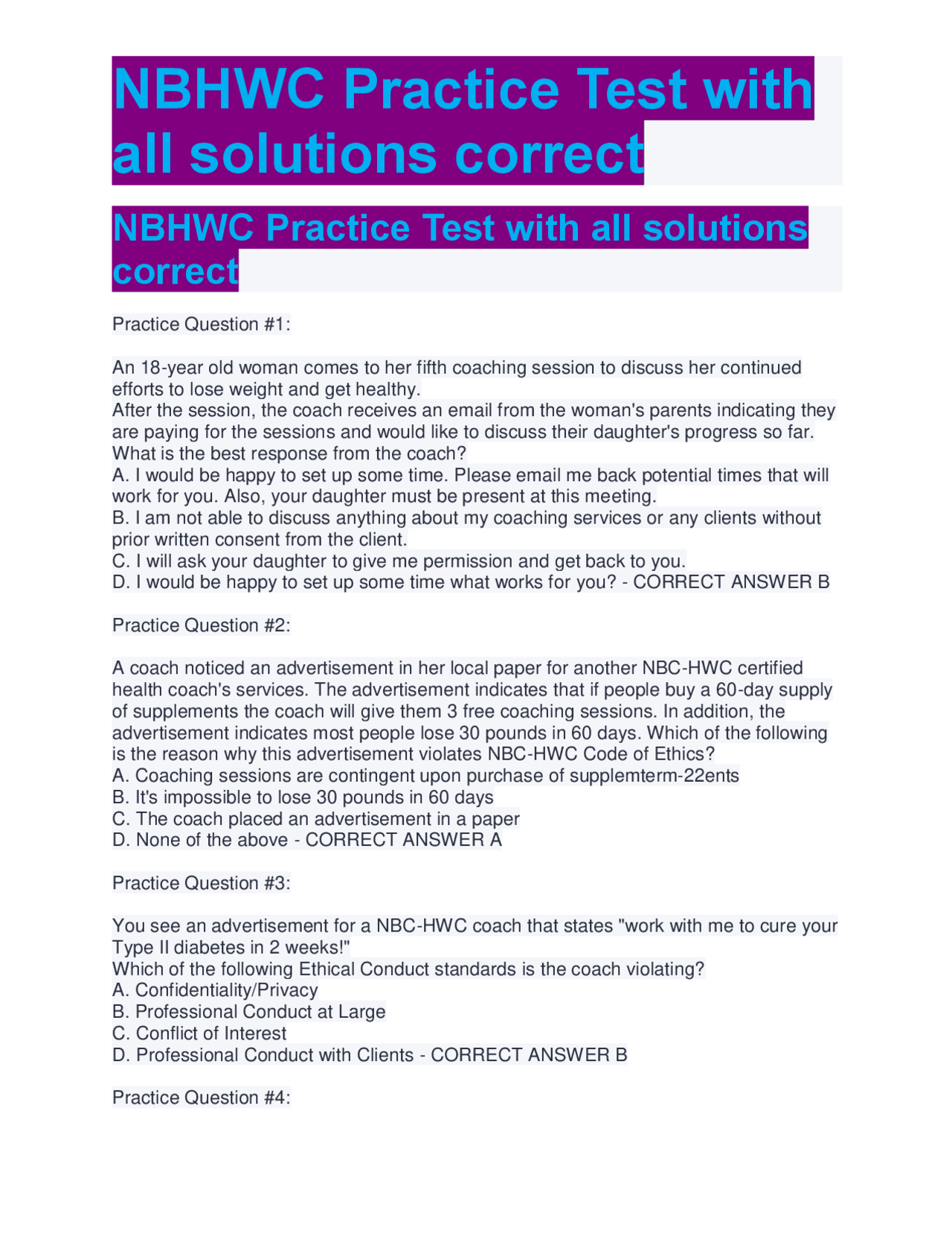 NBHWC Practice Test with all solutions correct | Exams Nursing | Docsity