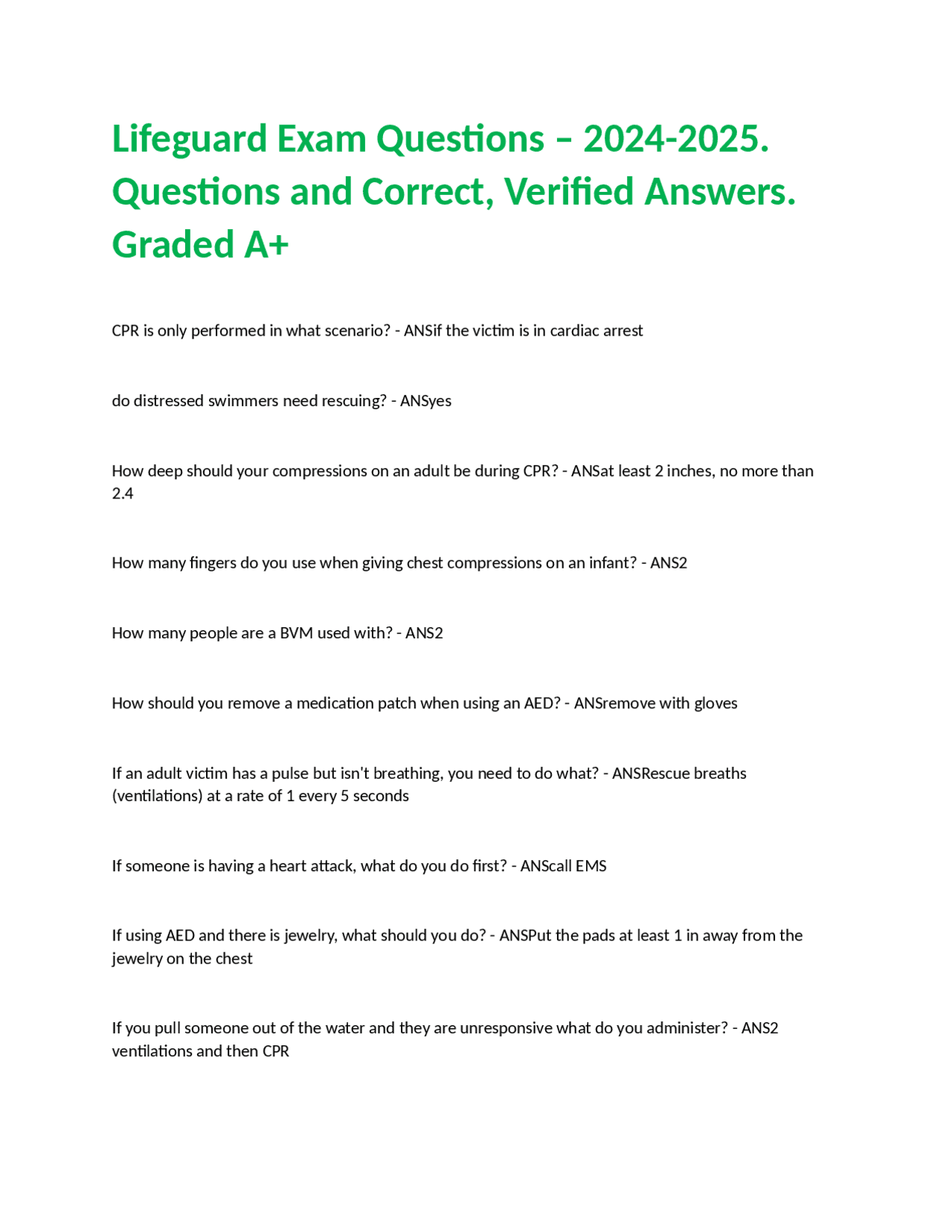 Lifeguard Exam Questions – 2024-2025. Questions and Correct, Verified ...