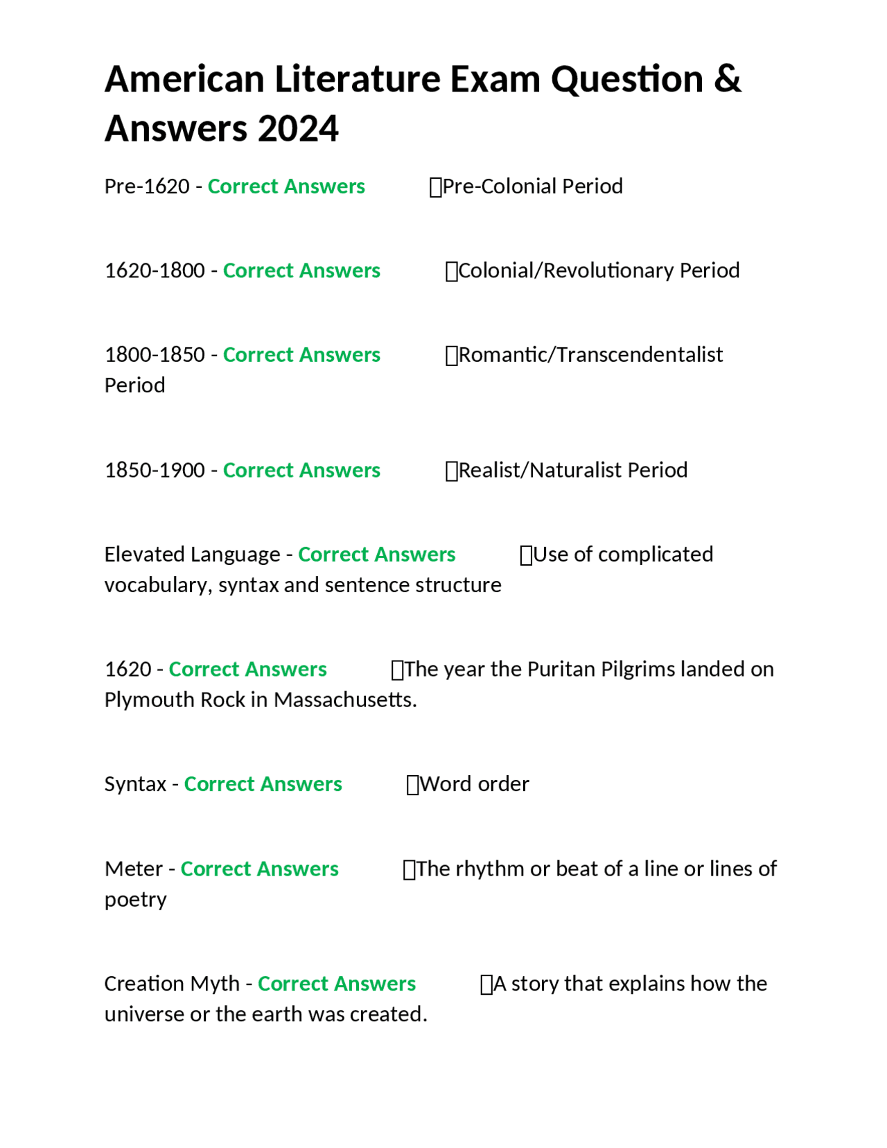 American Literature Exam Question & Answers 2024 | Exams Nursing | Docsity