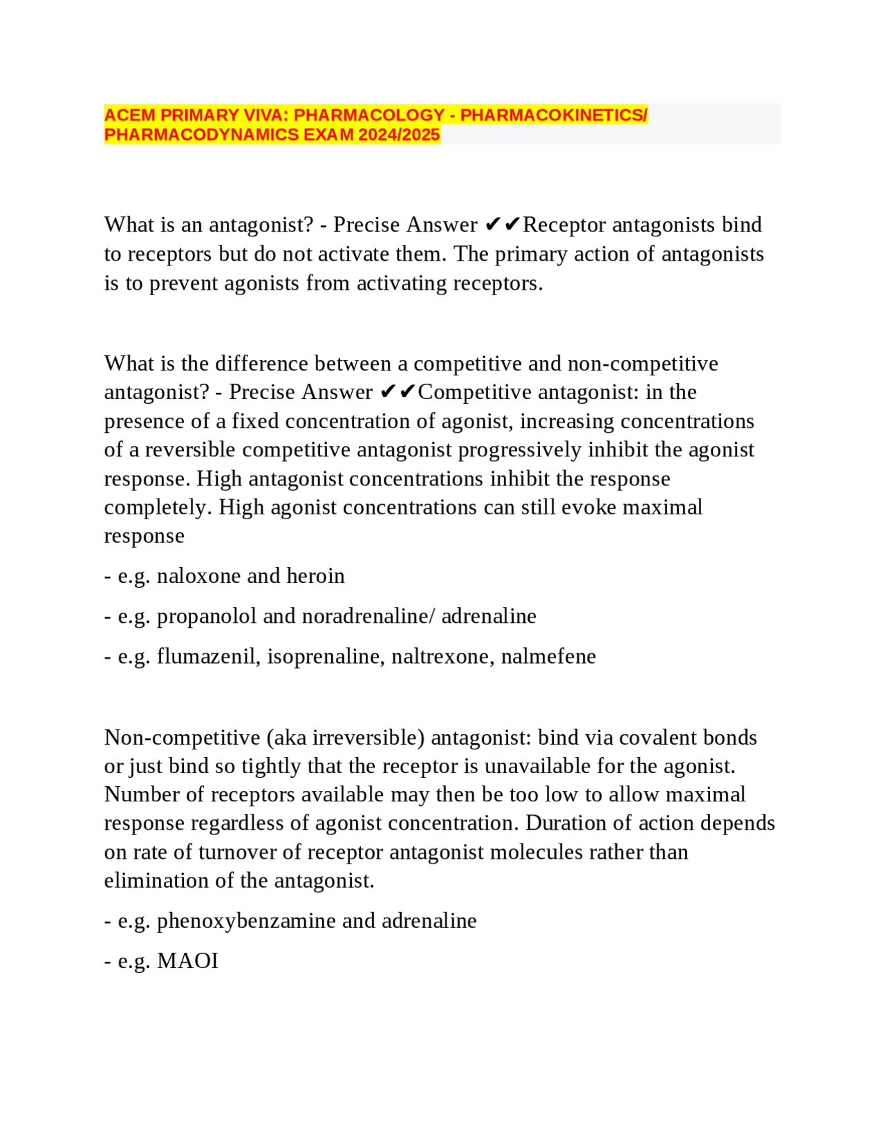 ACEM PRIMARY VIVA: PHARMACOLOGY - PHARMACOKINETICS/ PHARMACODYNAMICS ...