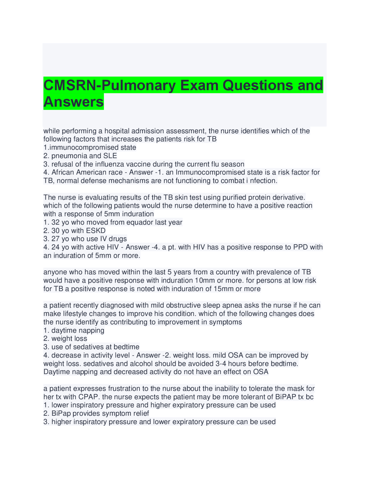 Cmsrn Pulmonary Exam Questions And Answers Exams Nursing Docsity