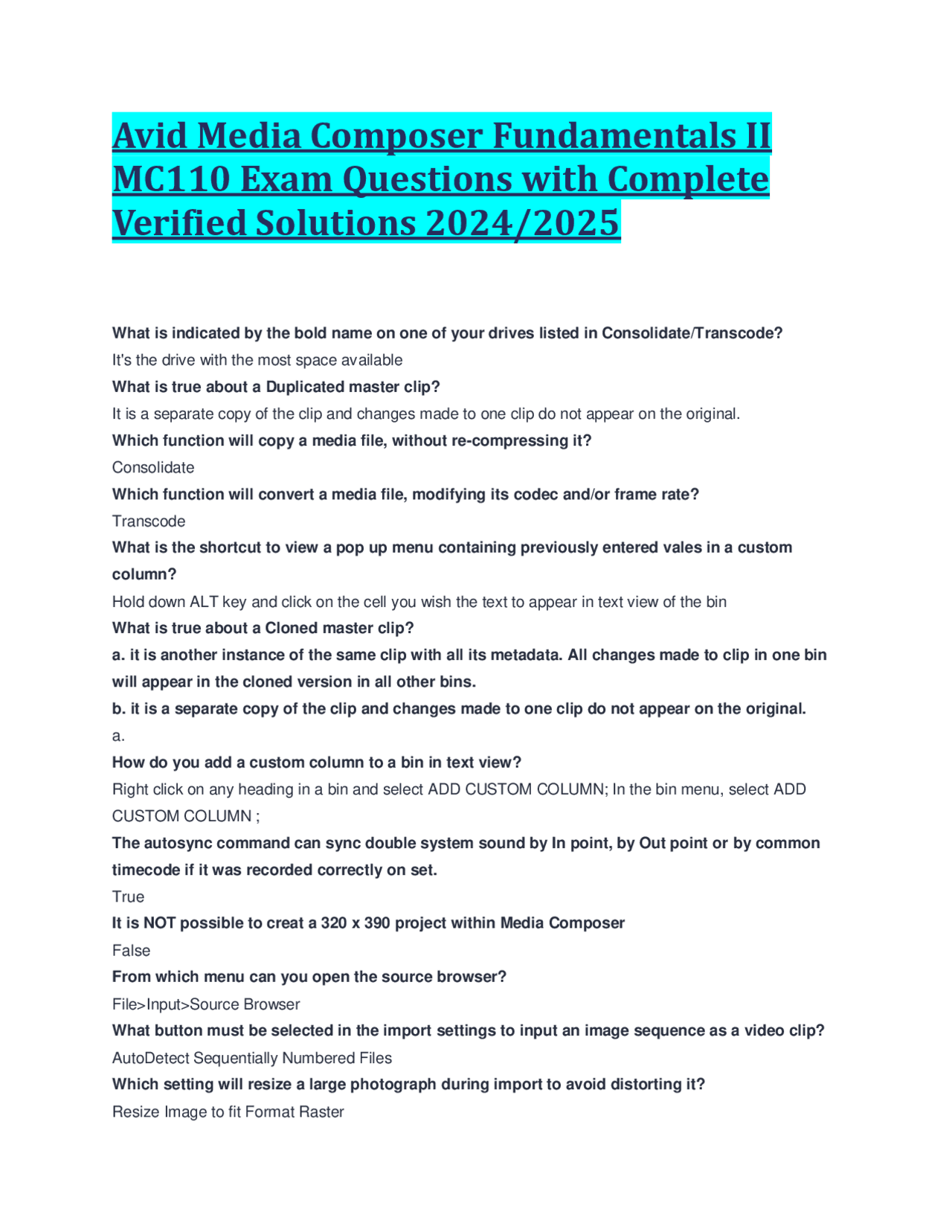Avid Media Composer Fundamentals II MC110 Exam Questions with Complete ...