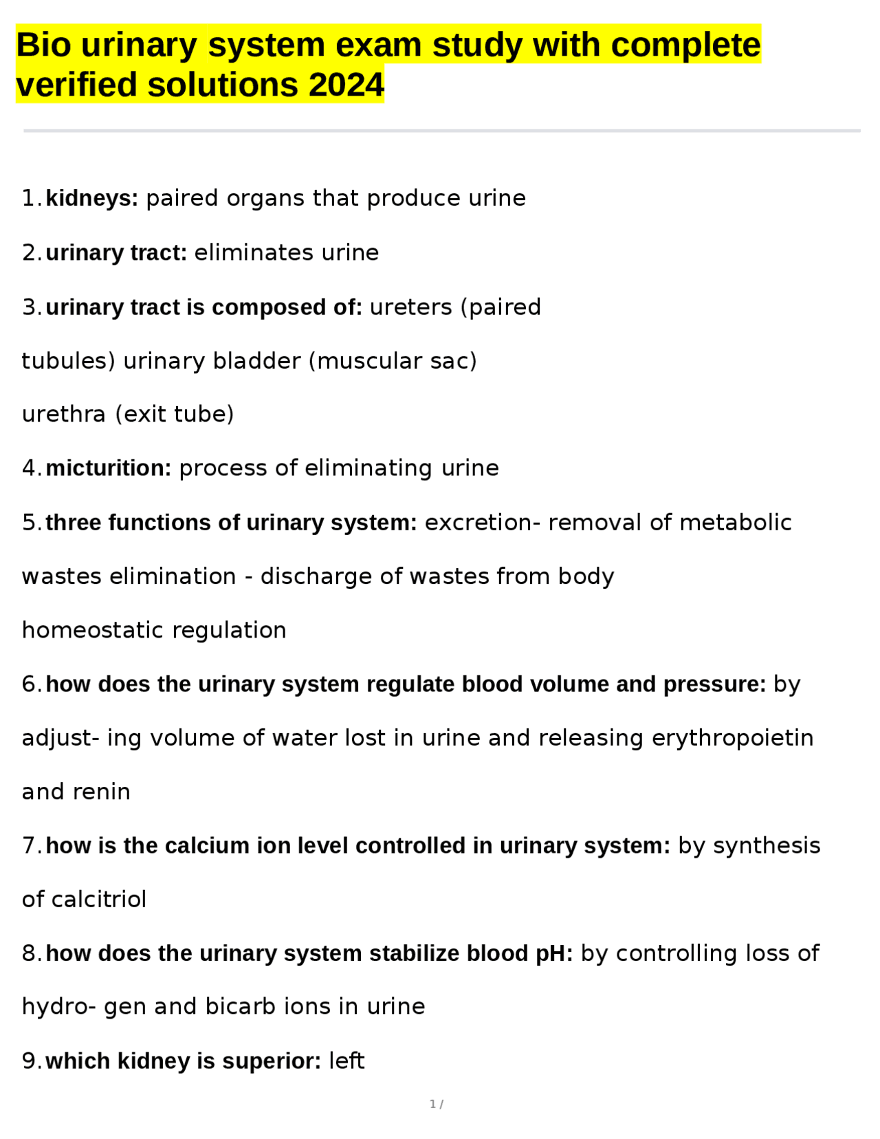 Bio urinary system exam study with complete verified solutions 2024 ...