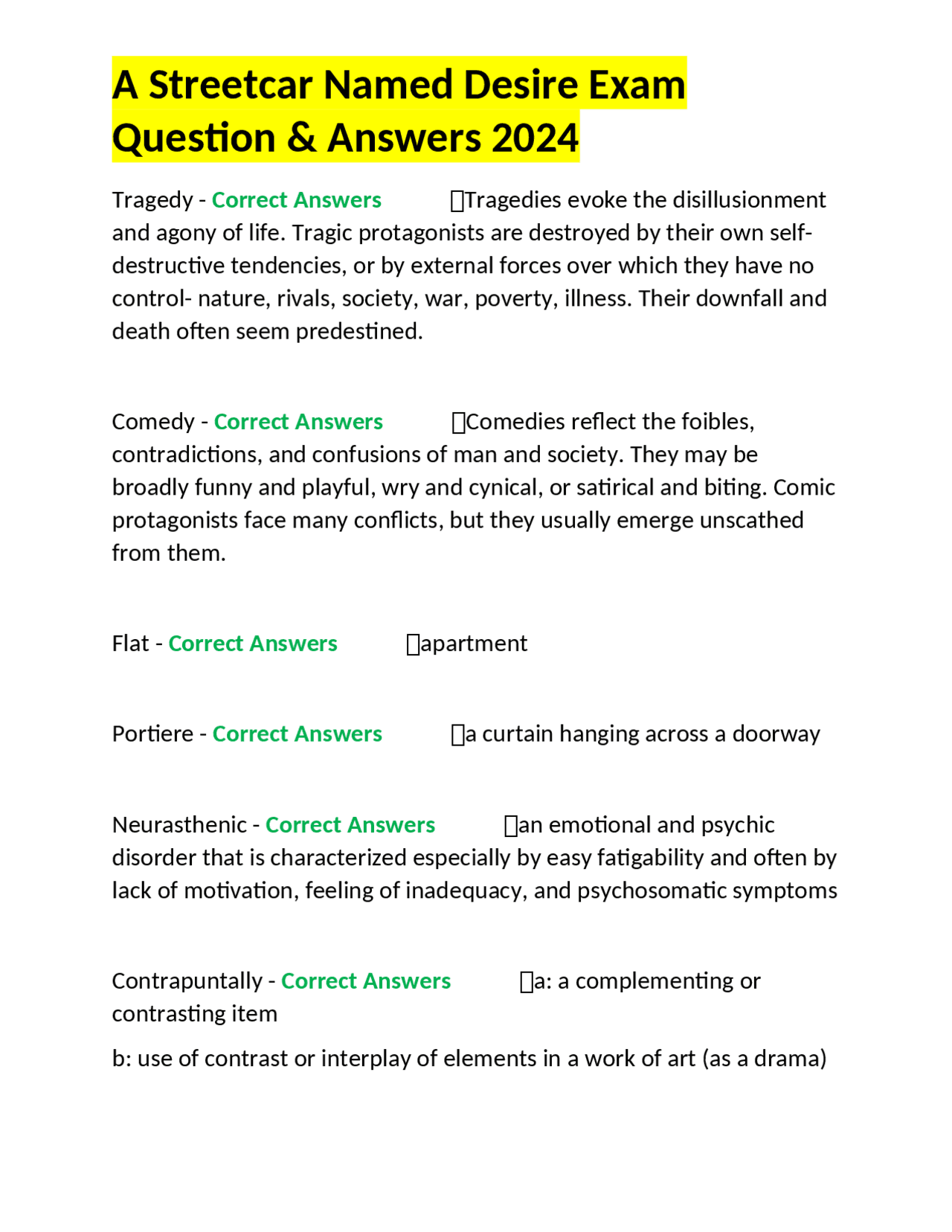 A Streetcar Named Desire Exam Question & Answers 2024 | Exams Nursing ...