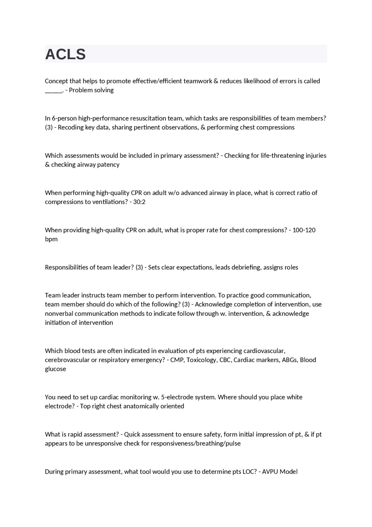 ACLS - Review Questions and answers | Exams Medicine | Docsity