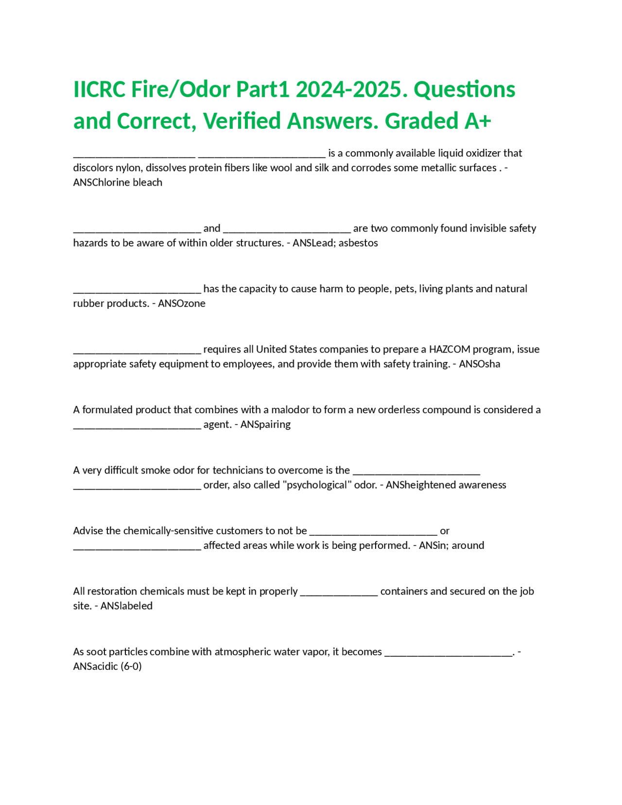 IICRC Fire/Odor Part1 2024-2025. Questions and Correct, Verified ...