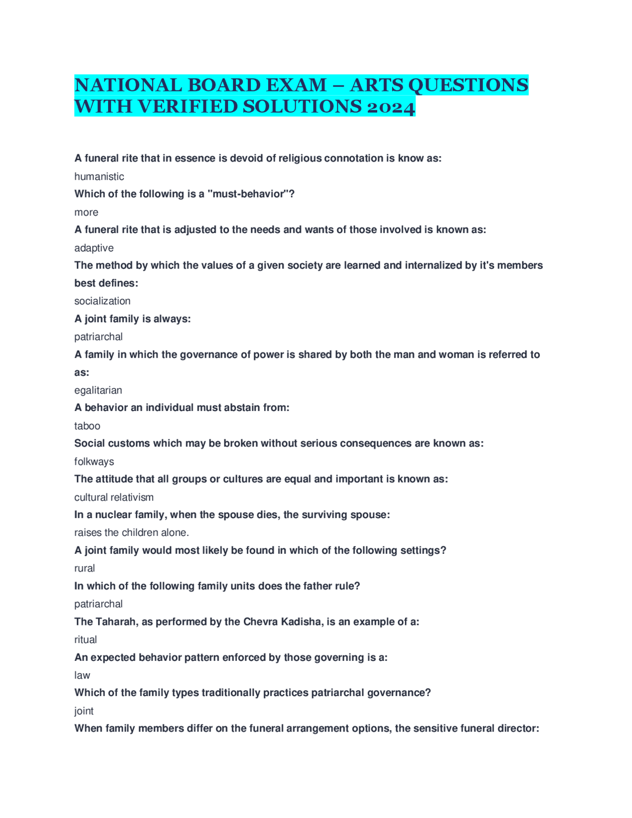 NATIONAL BOARD EXAM – ARTS QUESTIONS WITH VERIFIED SOLUTIONS 2024 ...