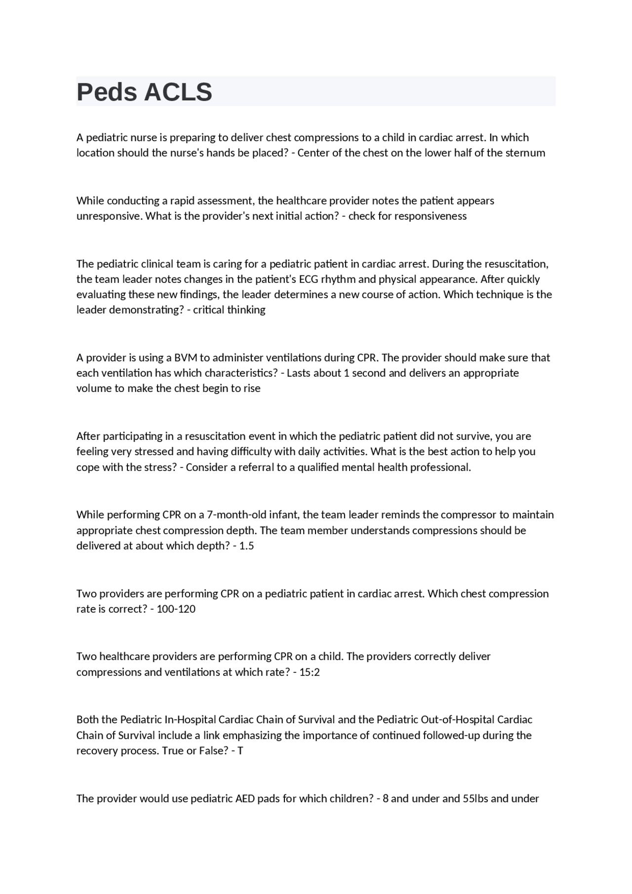 Peds ACLS Questions And Answers | Exams Nursing | Docsity