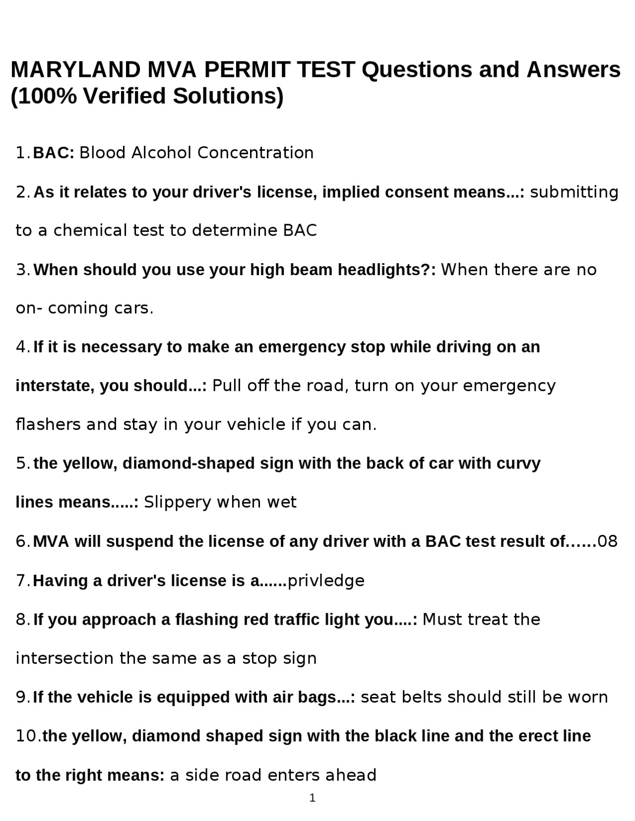 MARYLAND MVA PERMIT TEST Questions and Answers (100% Verified Solutions ...